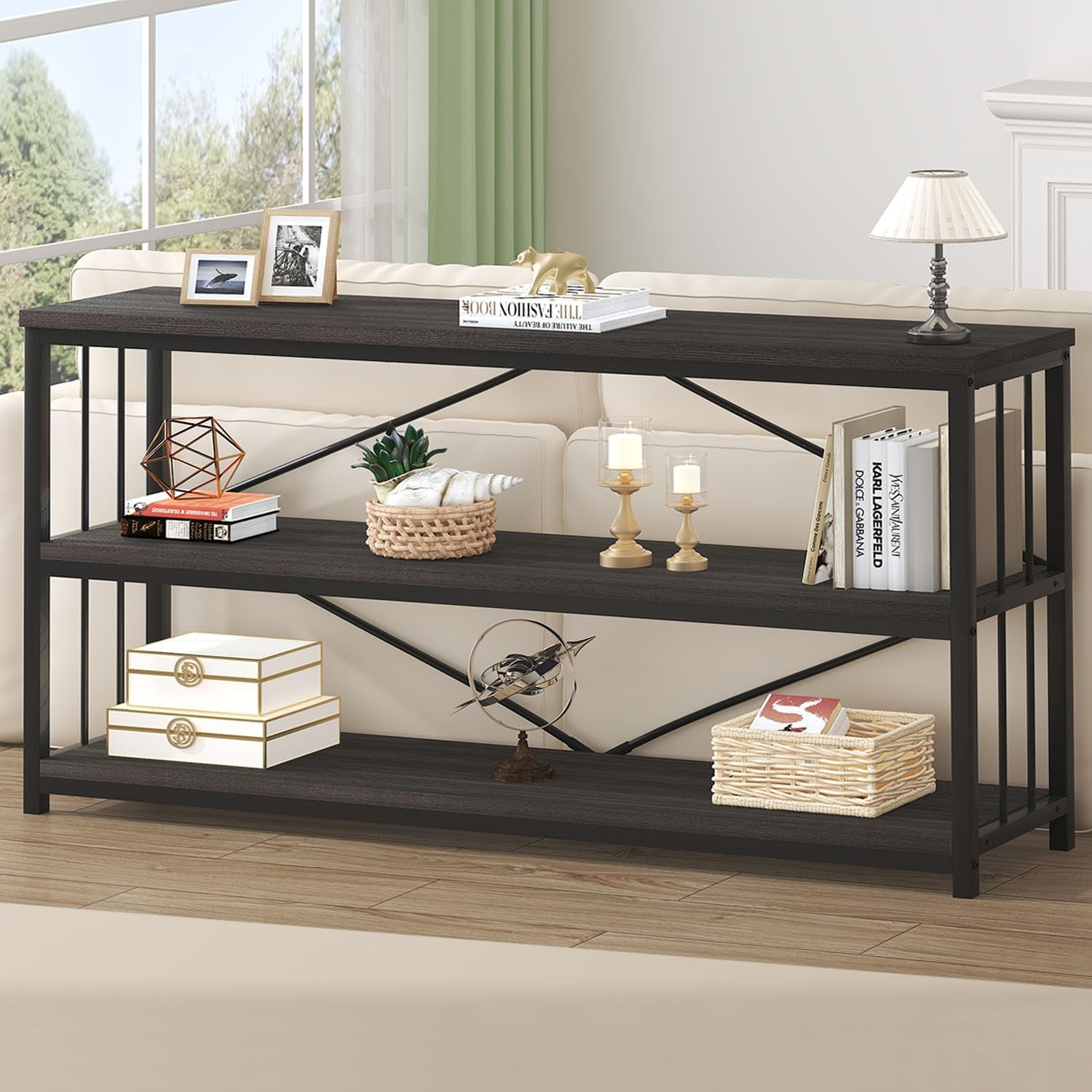 HSH Long Bookcase, Wood Metal Large Low Horizontal Book Shelf for ...