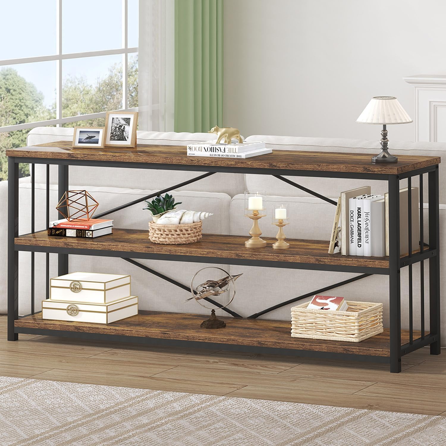 HSH Low Bookshelf, Industrial Wood 3 Tier Extra Long Horizontal ...