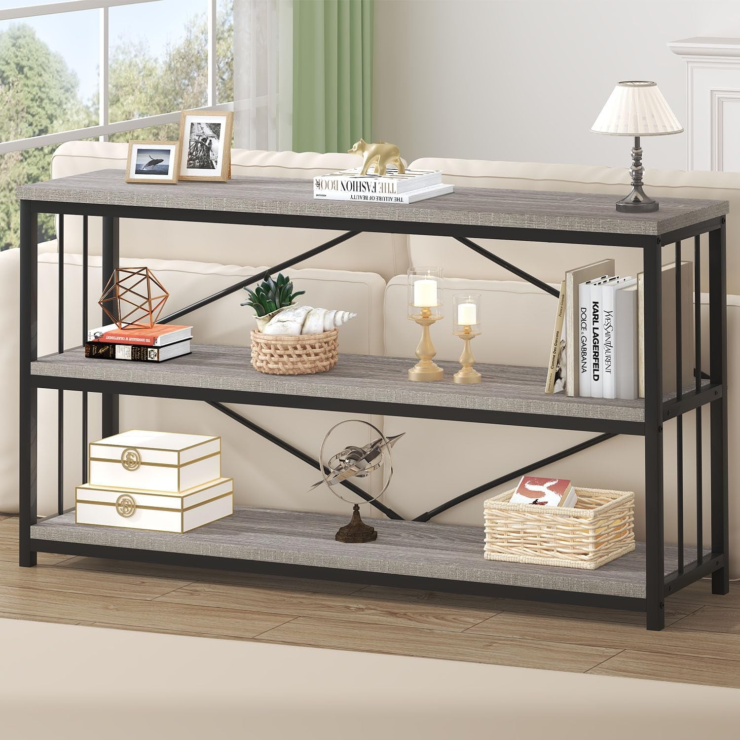 HSH Low Bookshelf, Wood Metal 3 Tier Long Horizontal Bookcase, Large ...