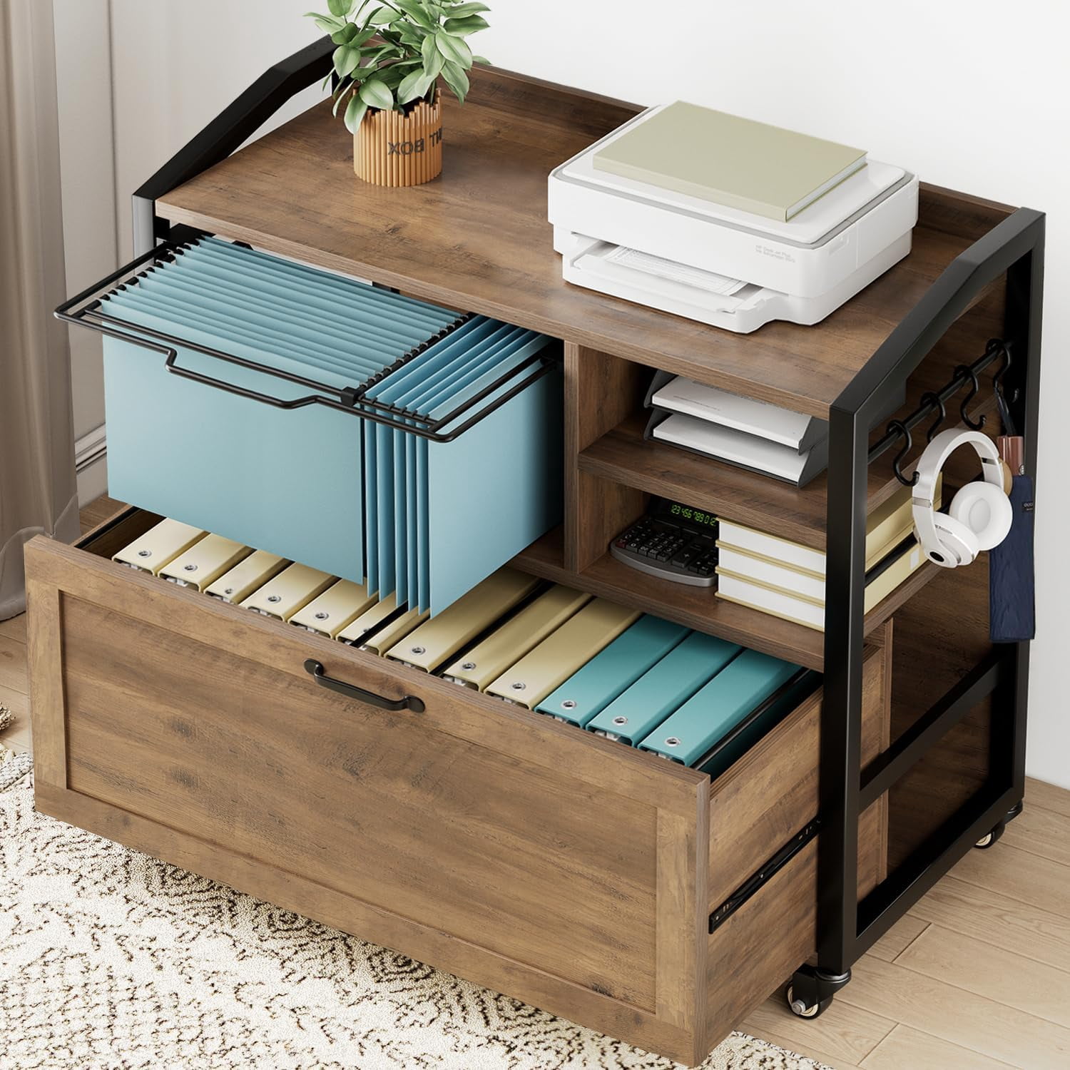 HSH Mobile Lateral File Cabinet with Drawer, Rolling Filing Cabinet for ...