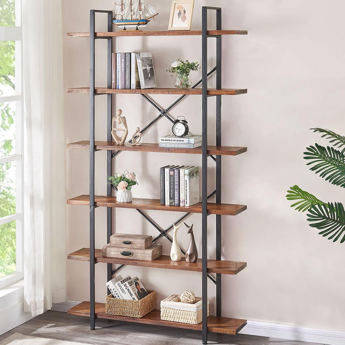HSH Solid Wood Bookshelf, 6 Tier Tall Industrial Etagere Bookcase and ...