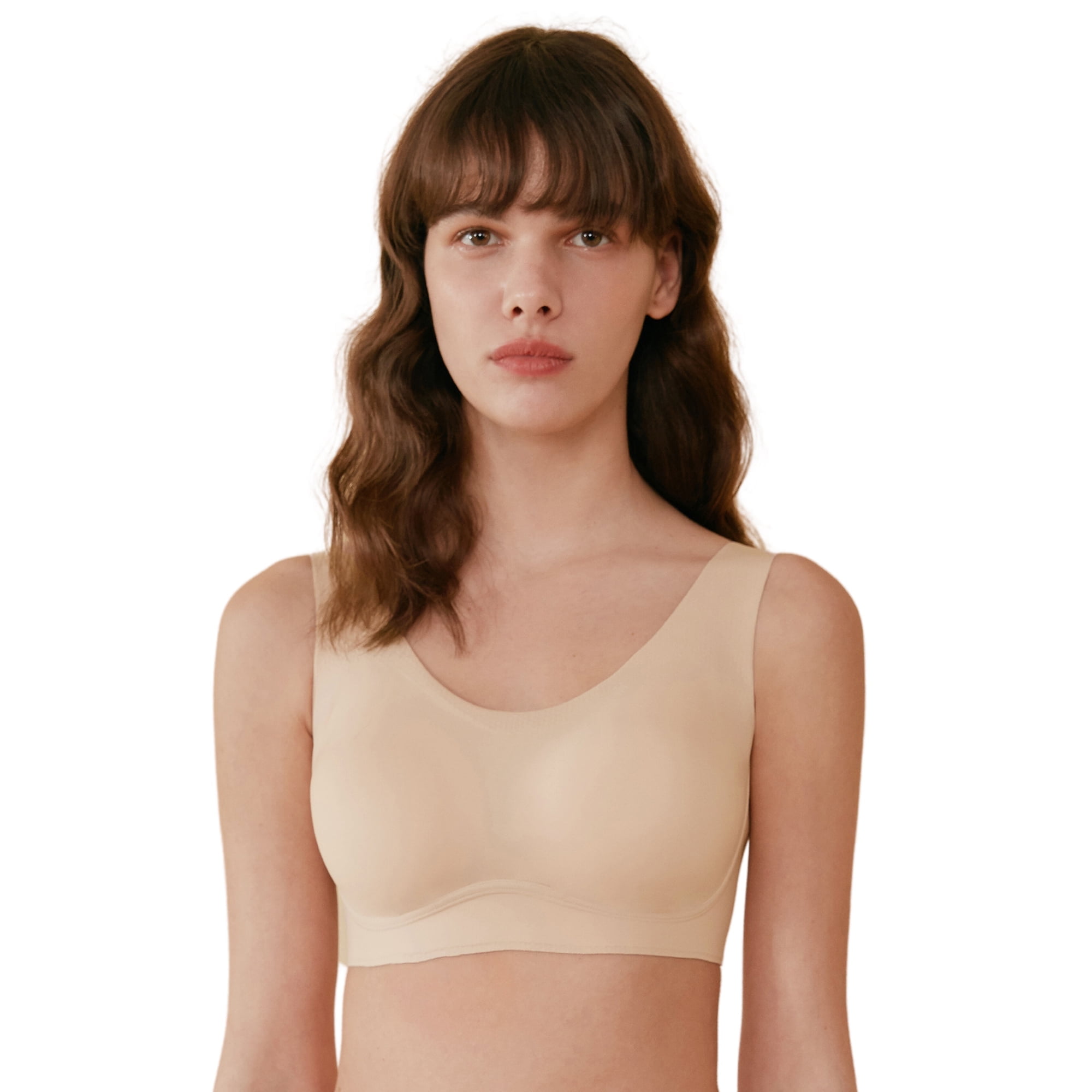 HSIA Wide Strap Padded Cooling Wireless Bralette Full Coverage Bras with Seamless Stretch, Beige ...