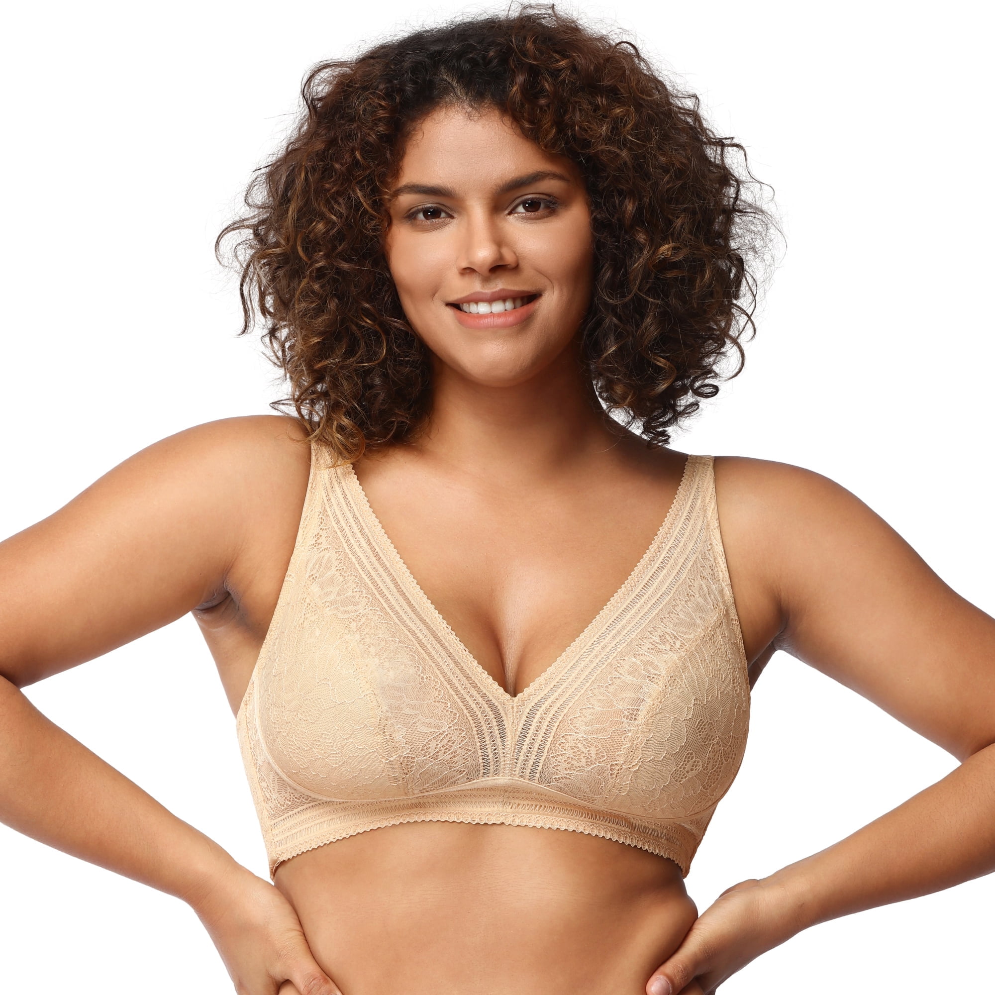 HSIA Wirefree Full Coverage Non Padded Plus Size Deep V Lace Comfortable Bra Nude XL - Walmart.com