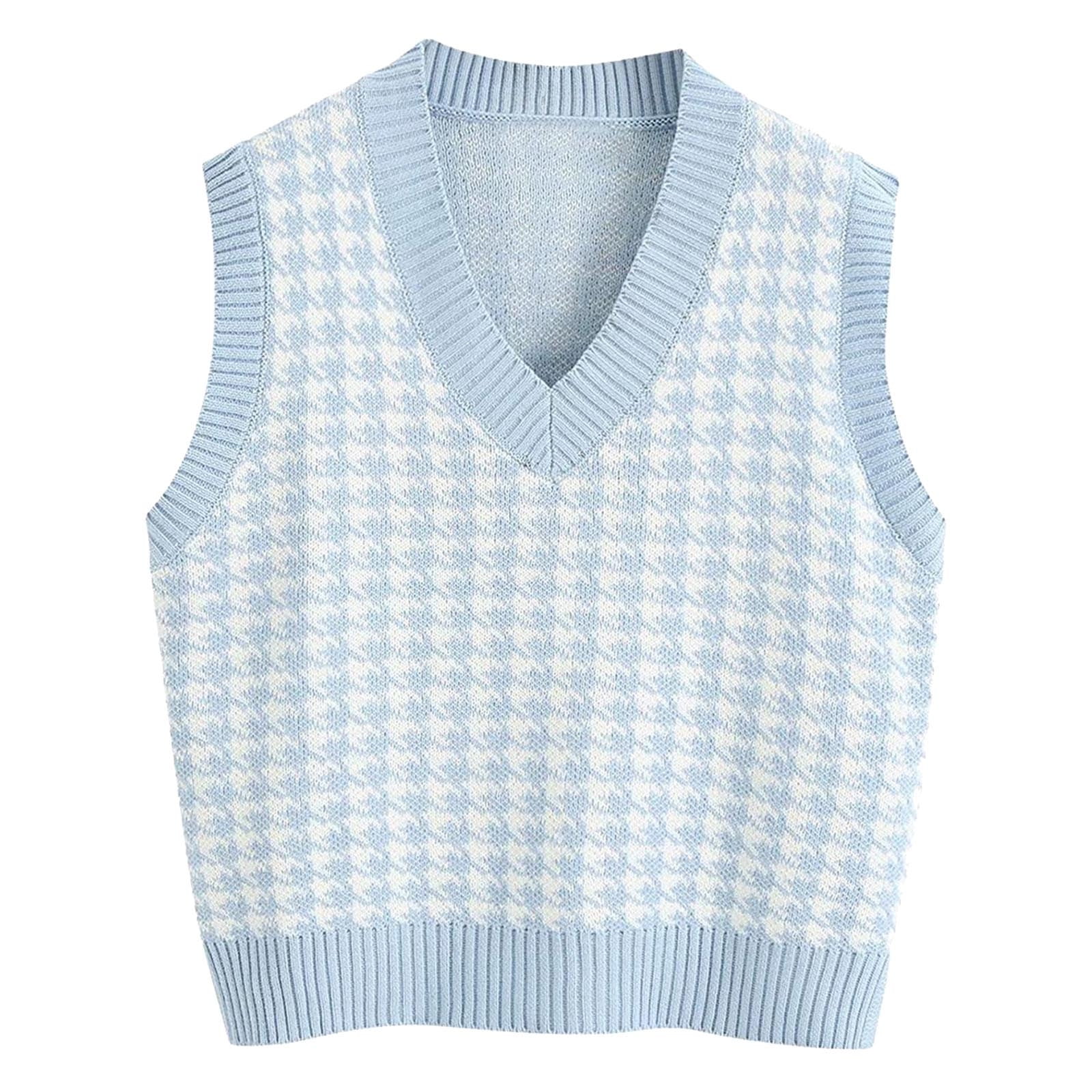 HSMQHJWE Argyle Sweater Vest Knit Tunic Sweater Women Casual Print Sleeveless V Neck Ribbed Knit ...