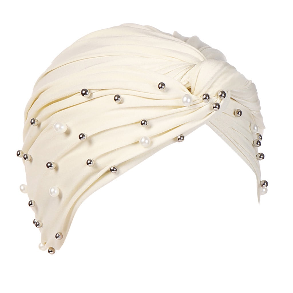 HSMQHJWE Hatpost Season Women Wrap Hat Pearl Beading Cap Ruffle Turban ...