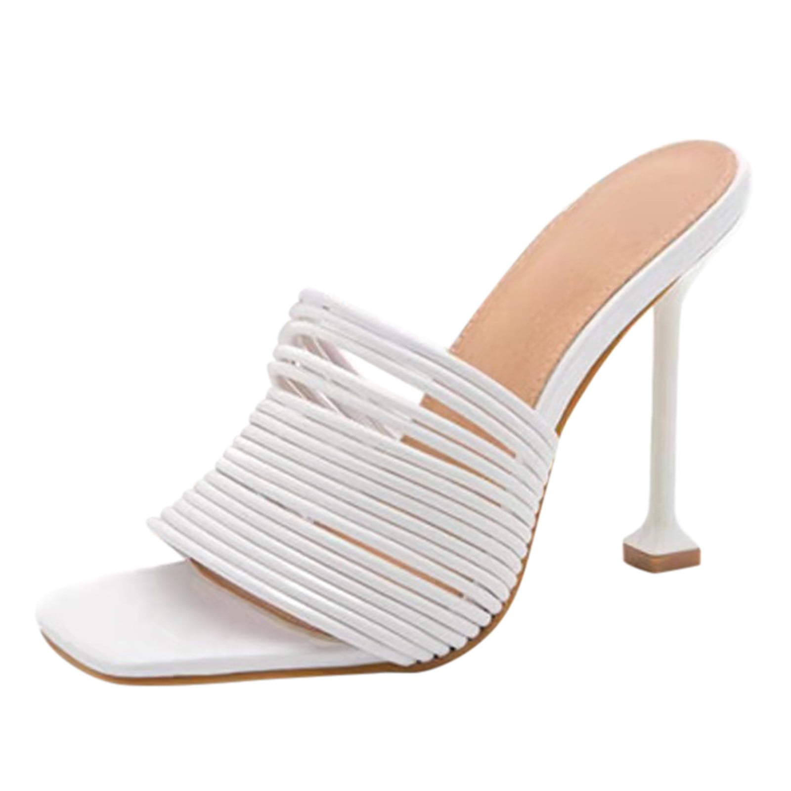 HSMQHJWE Women's Square Open Toe Heeled Sandals Stiletto Heeled Leather ...