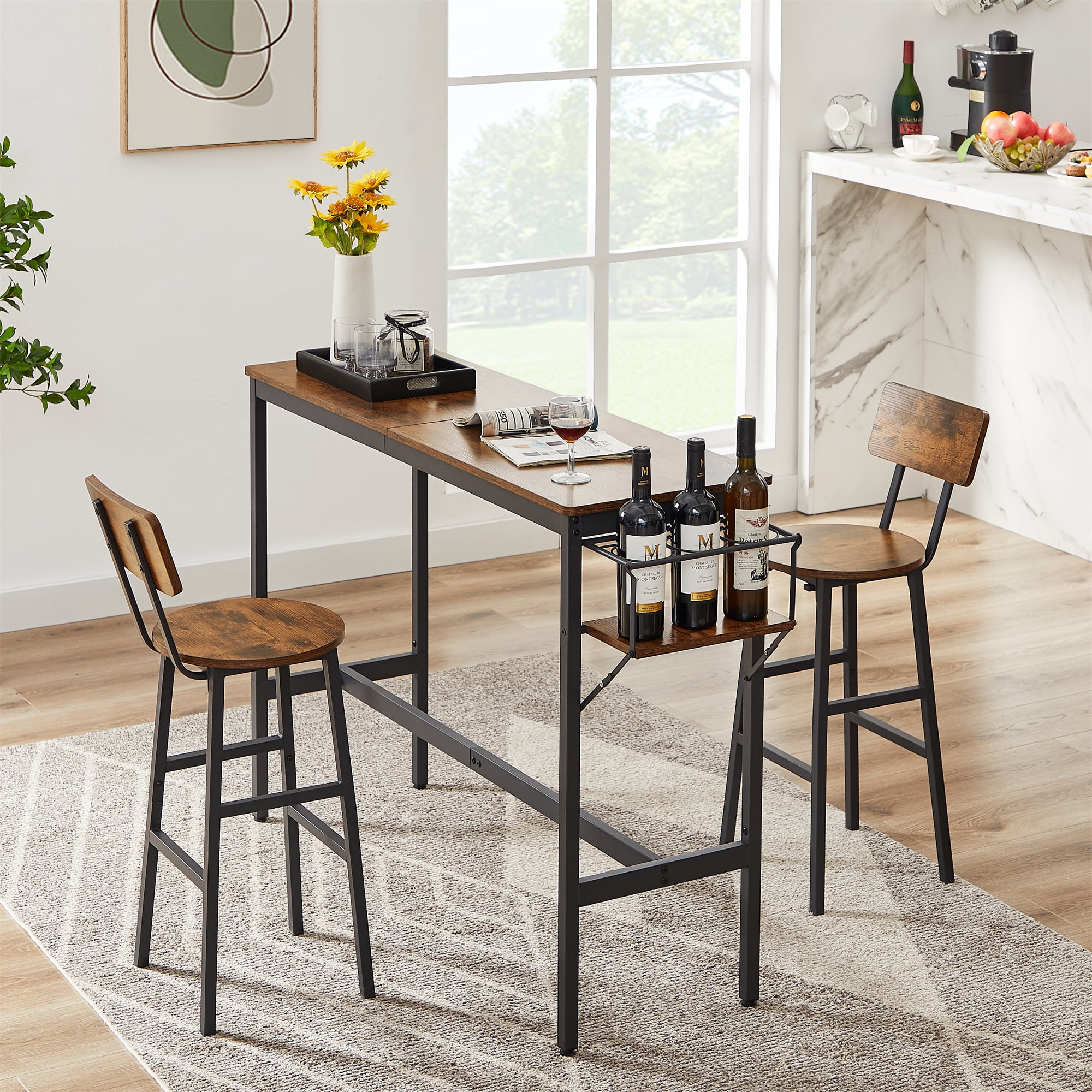 HSMYGCS 3 Piece Bar Table Set Counter Height Kitchen Pub Table with 2 Bar Stools, Rustic Brown ...