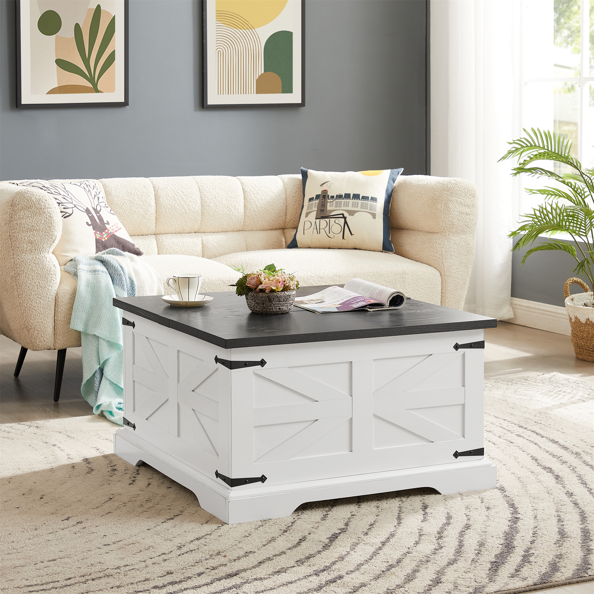 HSMYGCS Square Wood Coffee Table Center Cocktail Table with Hidden ...