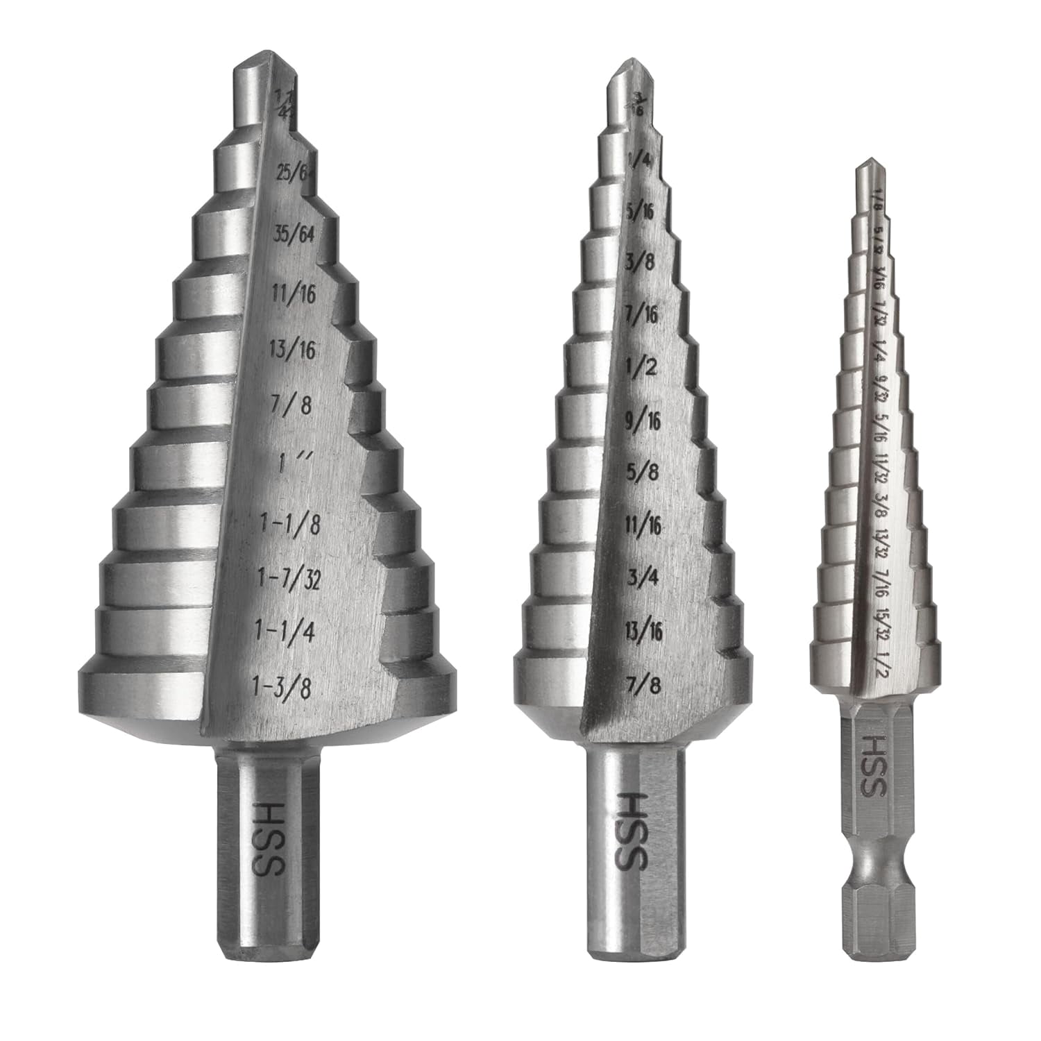 HSS 1/2", 7/8" & 1-3/8" Step Drill Bit Set, Doubles Flutes Large Step ...