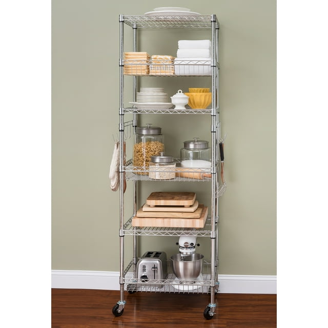 HSS 6 Tier Wire Shelf Tower Unit with Casters & Shelf Liners, Chrome ...