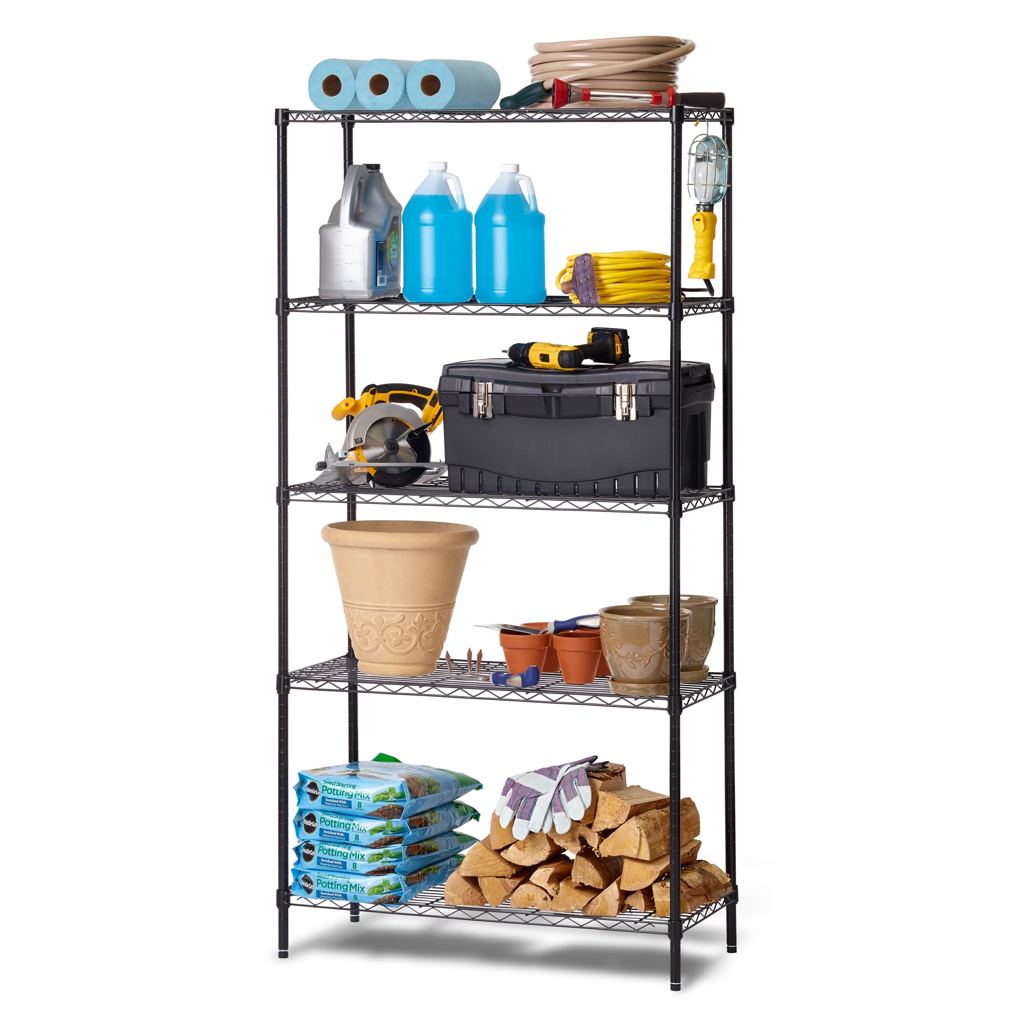 "HSS Black 5-Tier Wire Shelving Rack, 72""H x 36""W x 16""D, 1250lb ...