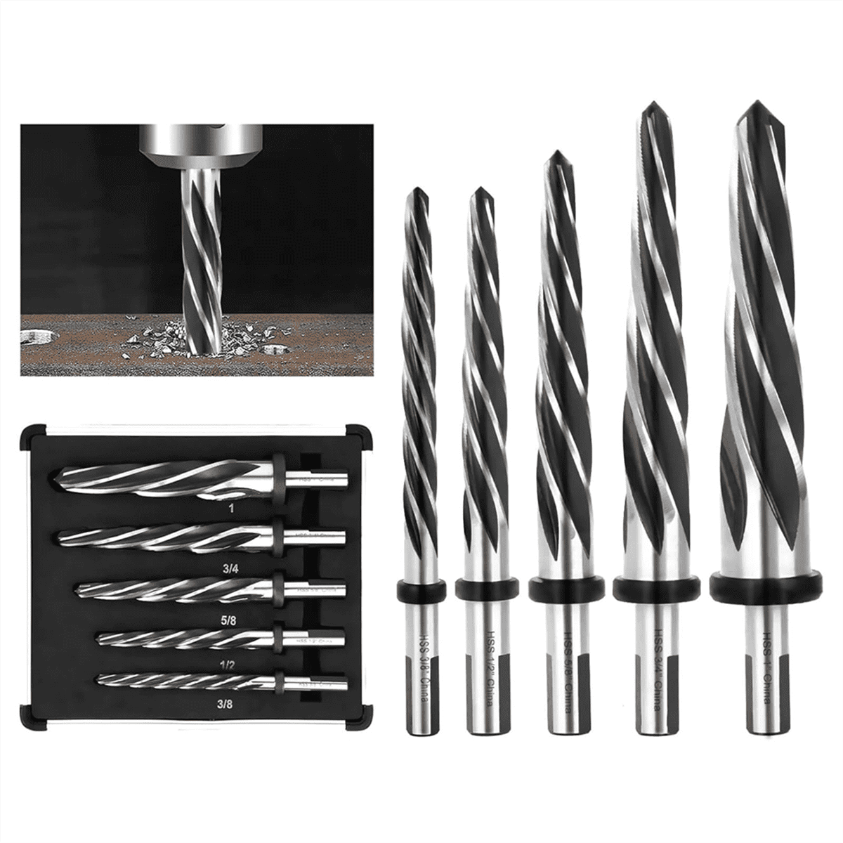HSS Bridge Construction Reamer Set,3/8in 1/2in 5/8in 3/4in 1in Taper Bridge Reamer Drill Bit for ...