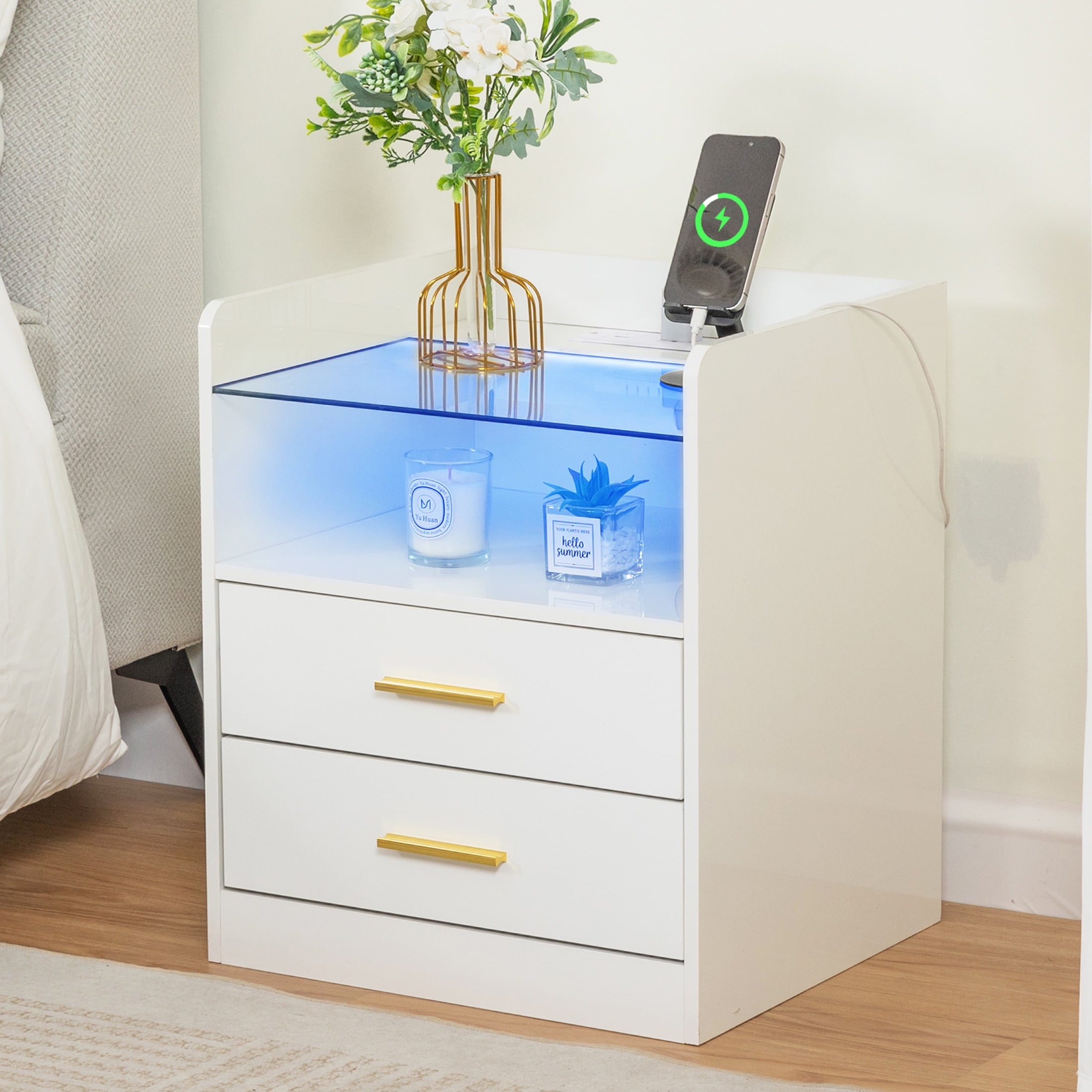 HSUNNS 2 Drawers Bedside Table, Modern Nightstand with Charging Station ...