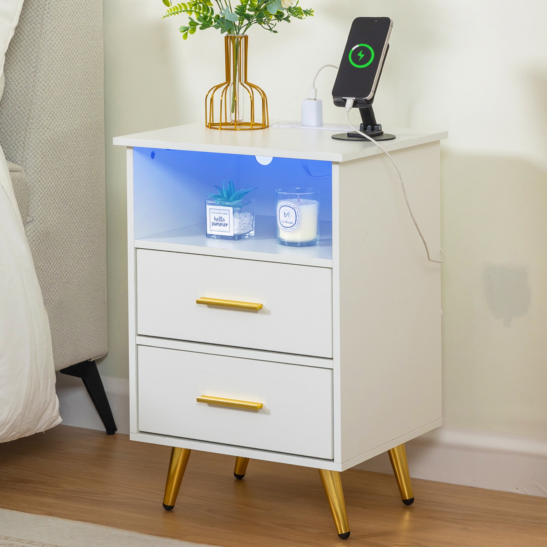 HSUNNS 2 Drawers Night Stands, Modern Nightstand with Drawers and LED ...