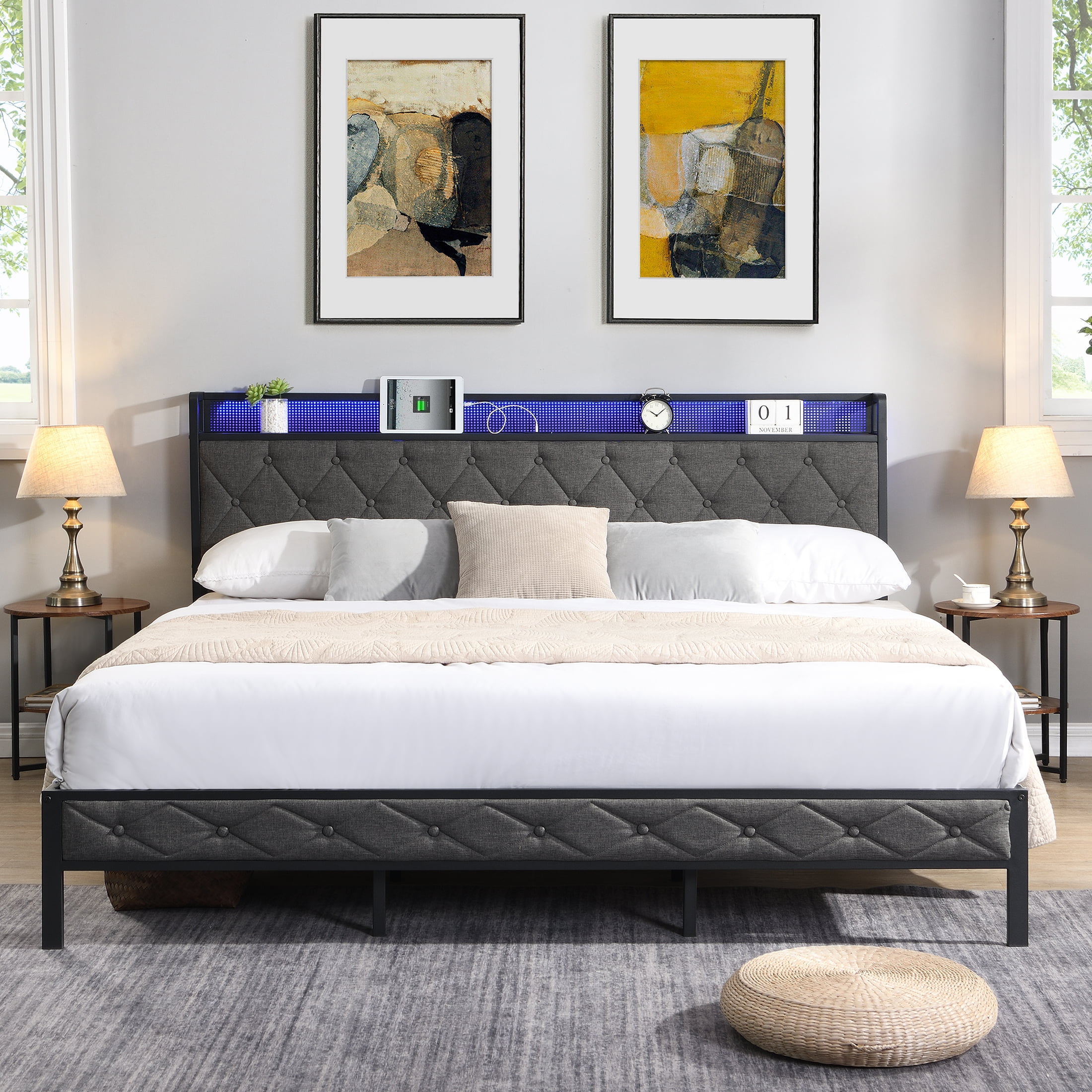 HSUNNS King Size LED Bed Frame with USB Charging, Storage, Upholstered ...