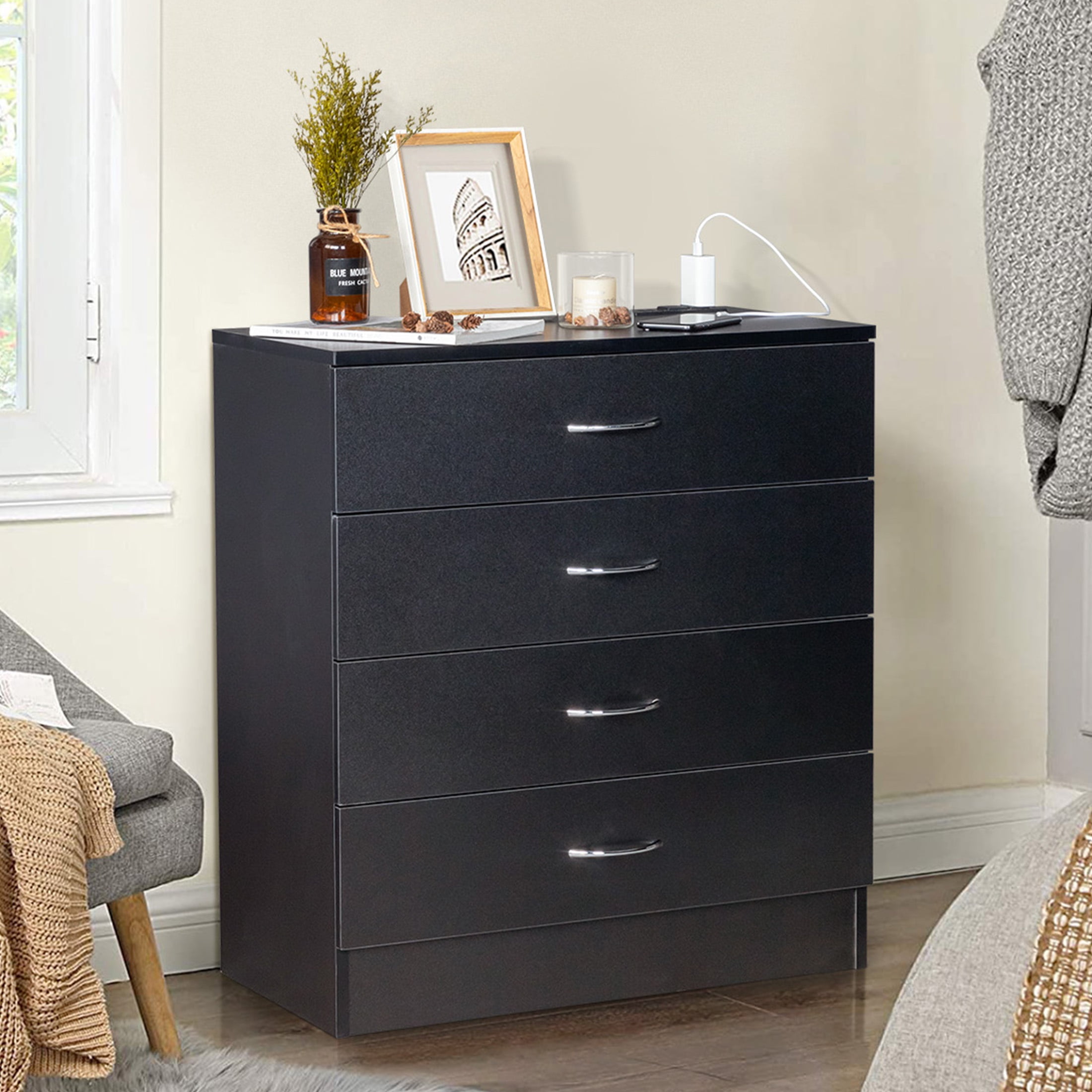 HSUNNS Black 4 Drawer Dresser with USB Ports, PB Wood Simple Chest of ...