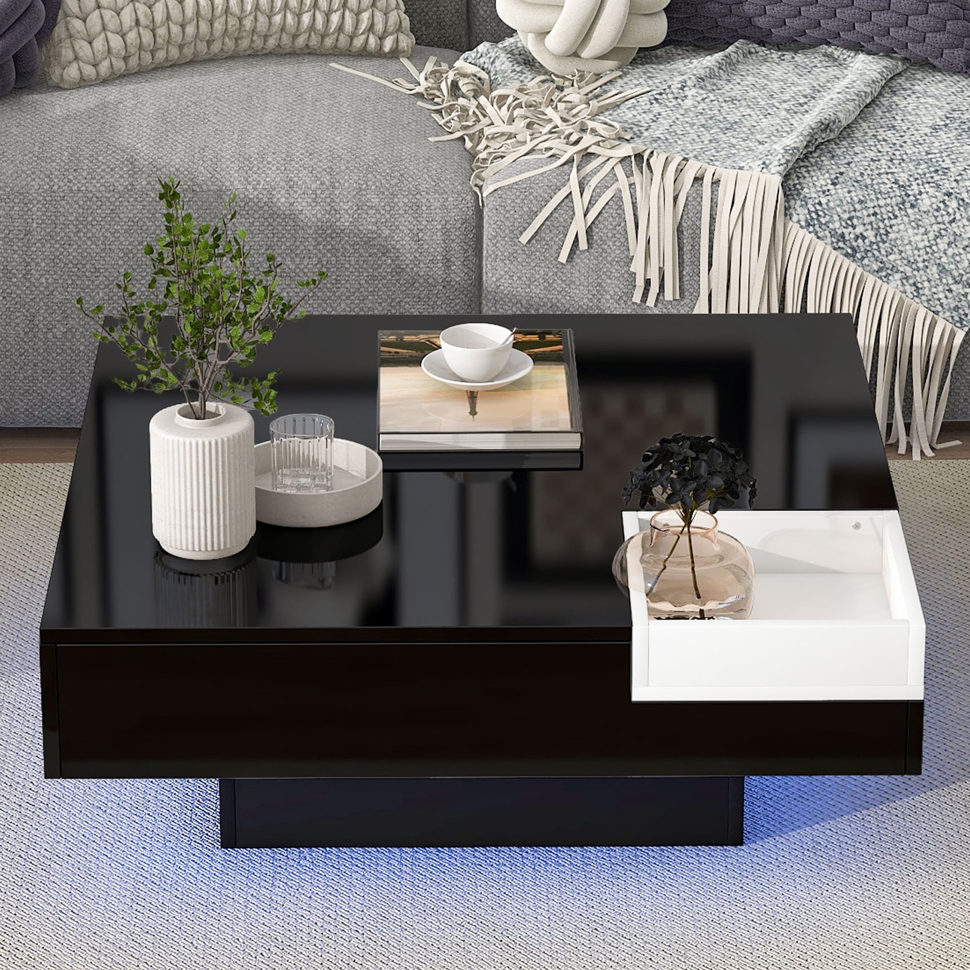 HSUNNS Black LED Coffee Table with Detachable Tray, Modern High Glossy ...