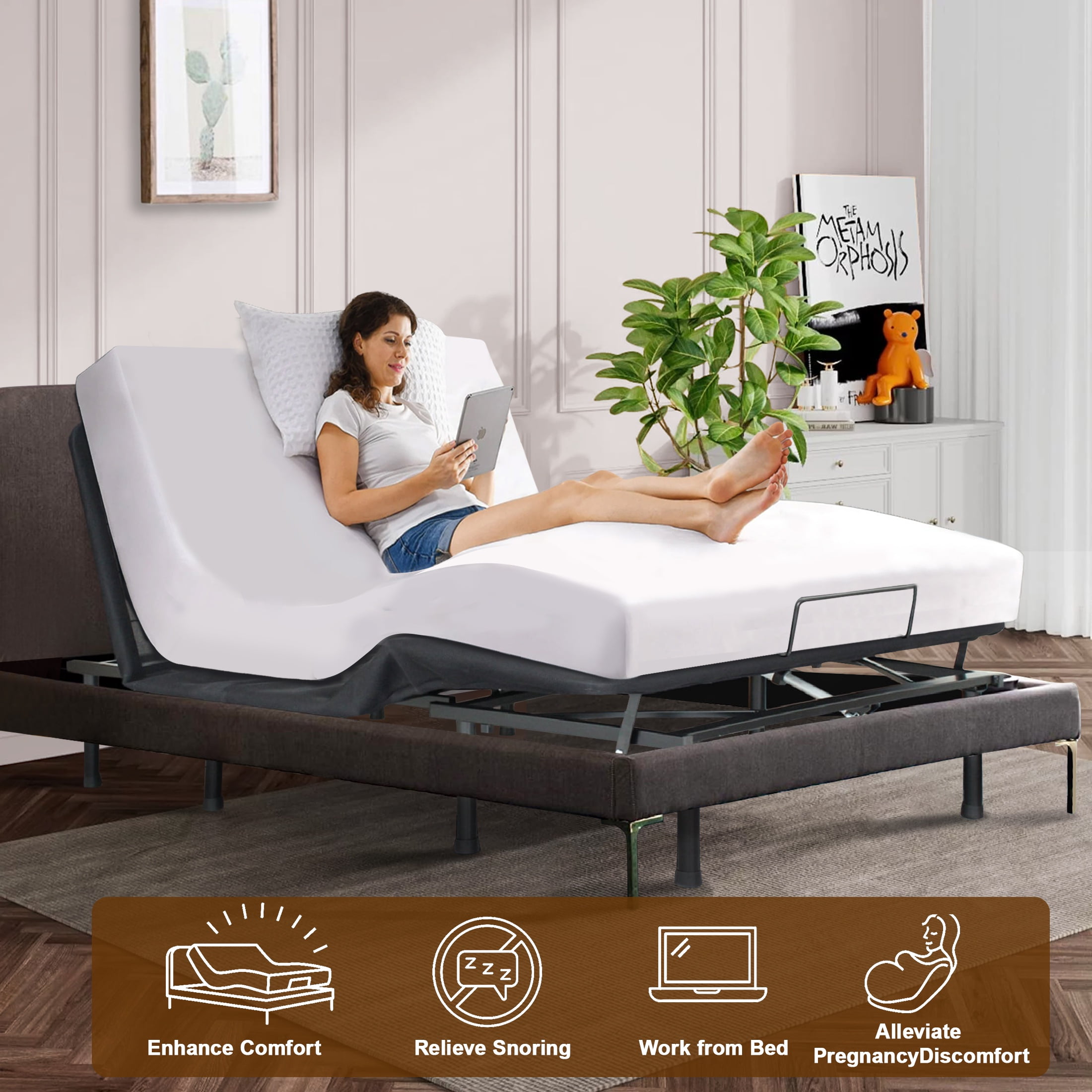 HSUNNS Full Size Motorized Adjustable Bed Base Frame with Wireless Remote, Head and Foot Incline ...