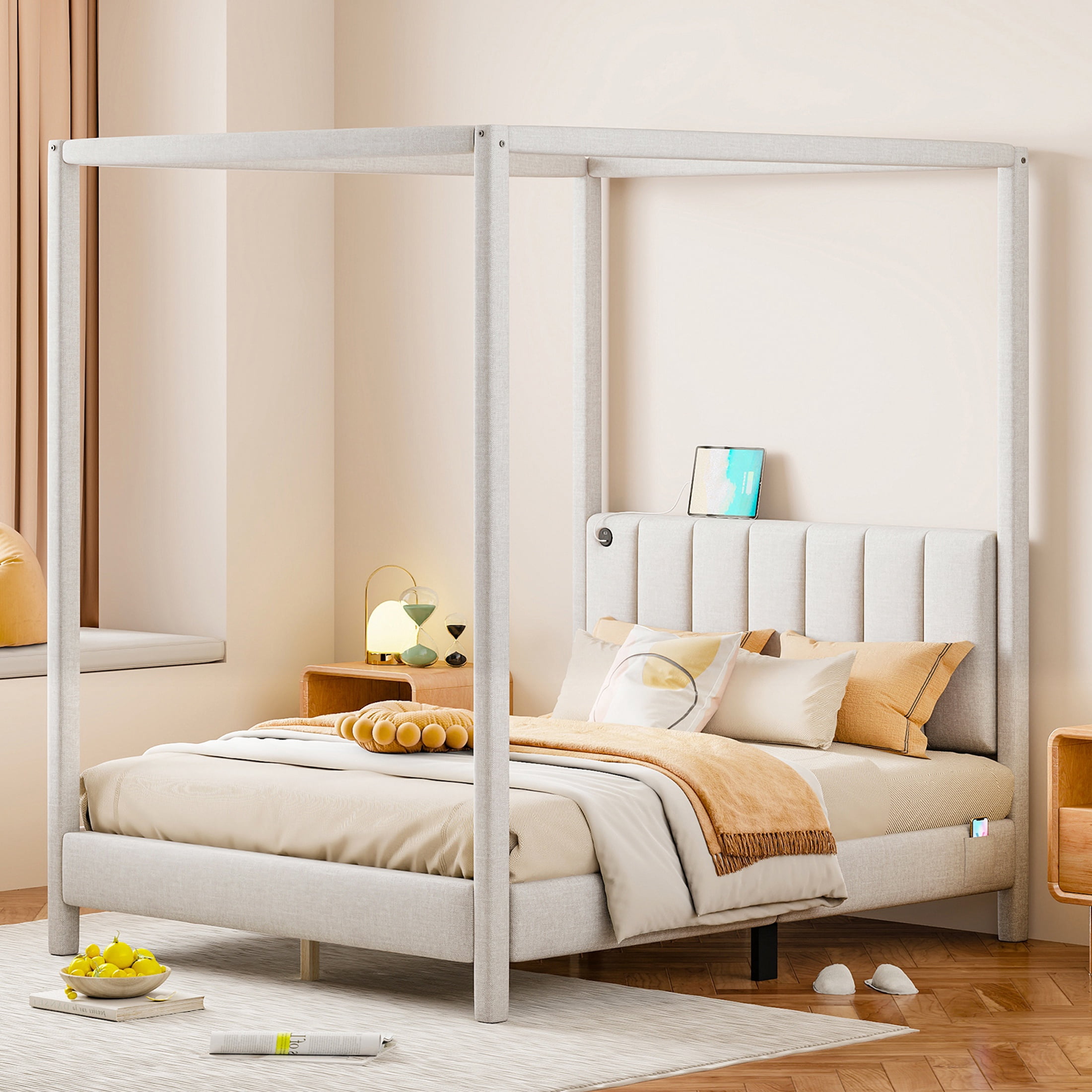 HSUNNS Full Size Canopy Bed Frame, Canvas Platform Bed Frame with USB ...