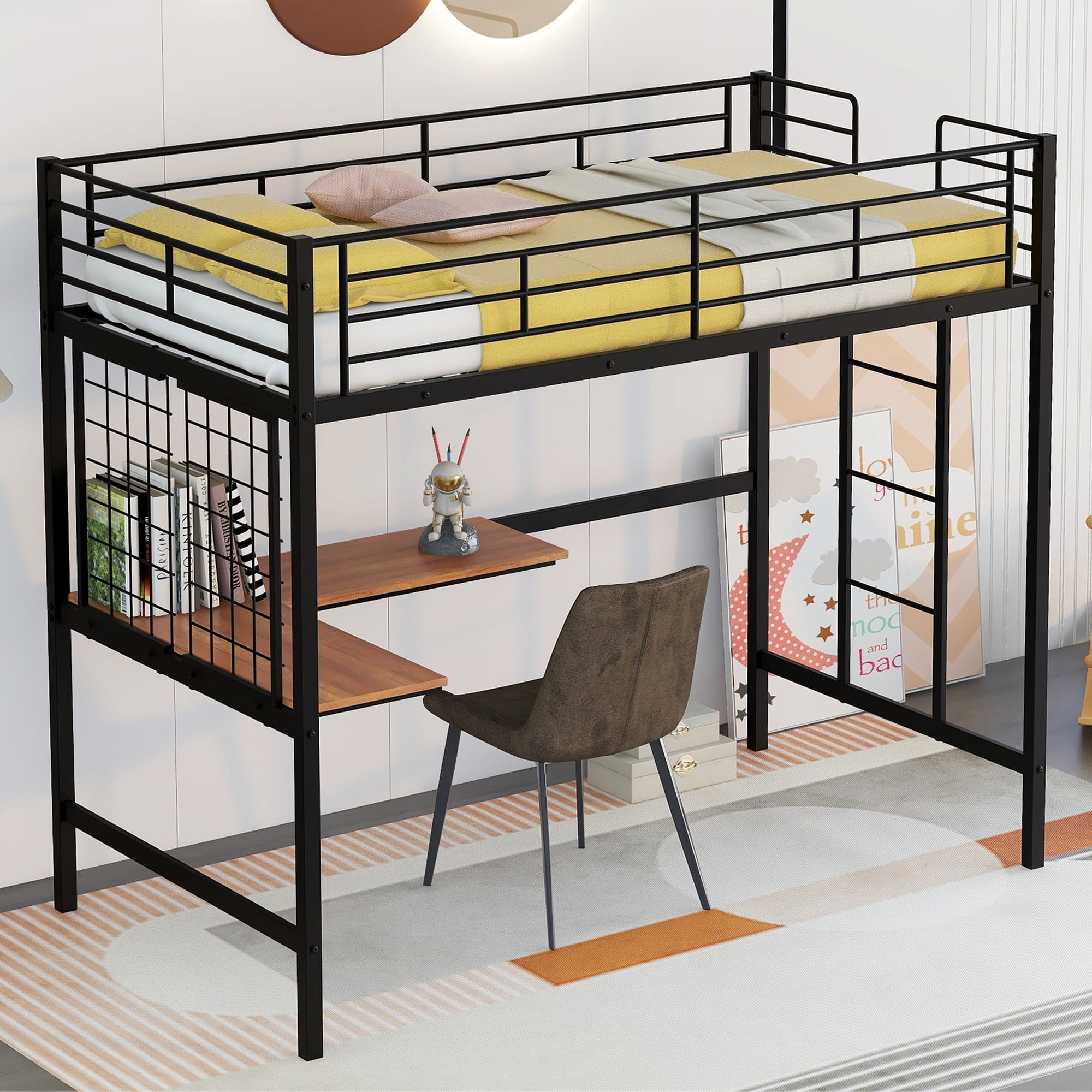 HSUNNS Metal Loft Bed with Desk, Twin Loft Bed with Metal Grid and ...