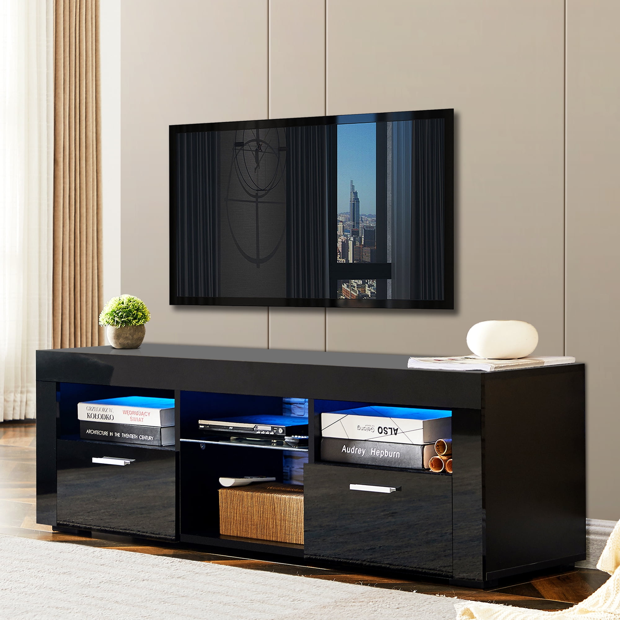 HSUNNS Modern Black TV Stand with Lights for Up to 55in TVs, High ...