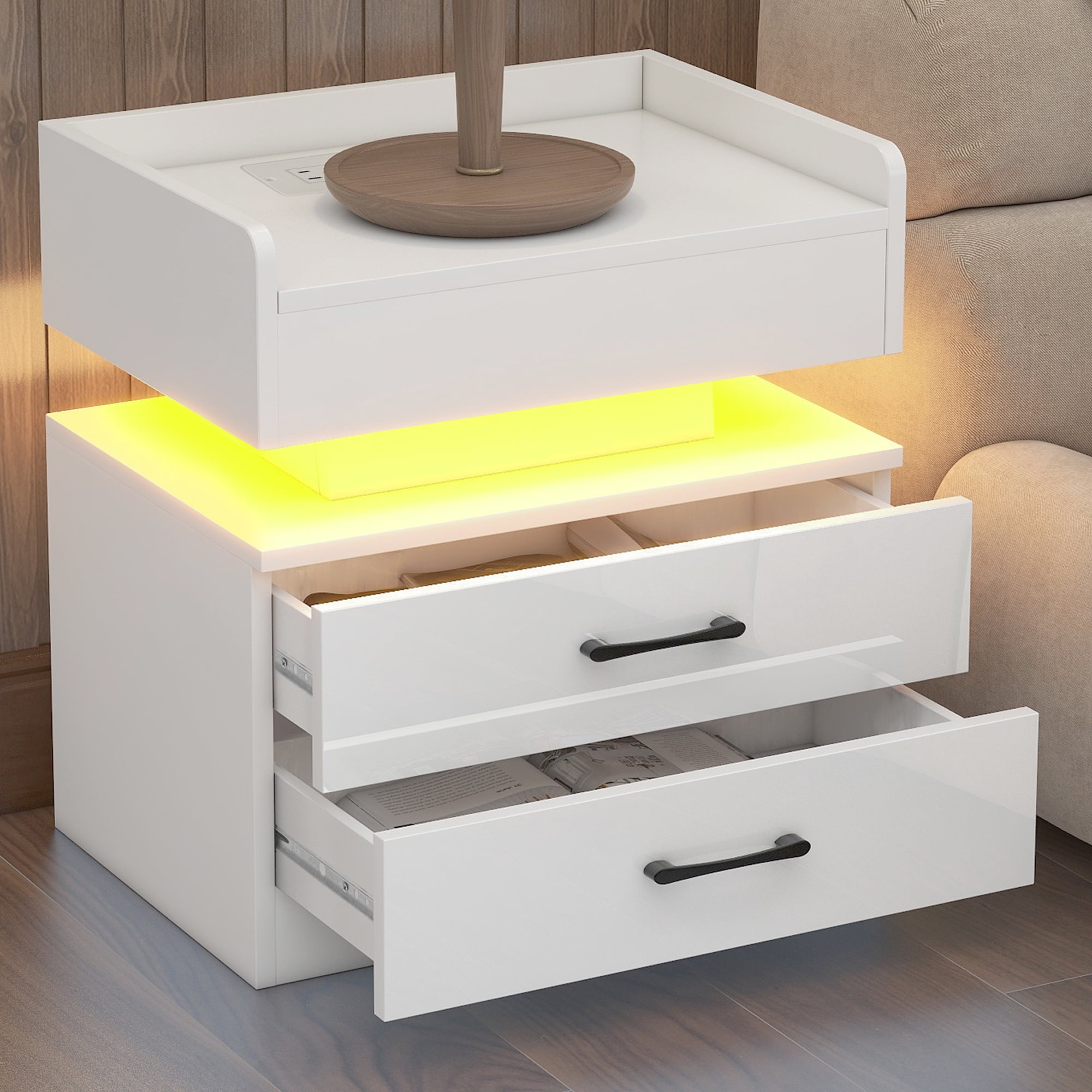 HSUNNS Modern High Gloss Nightstand with 2 Drawers, USB Charging Ports ...