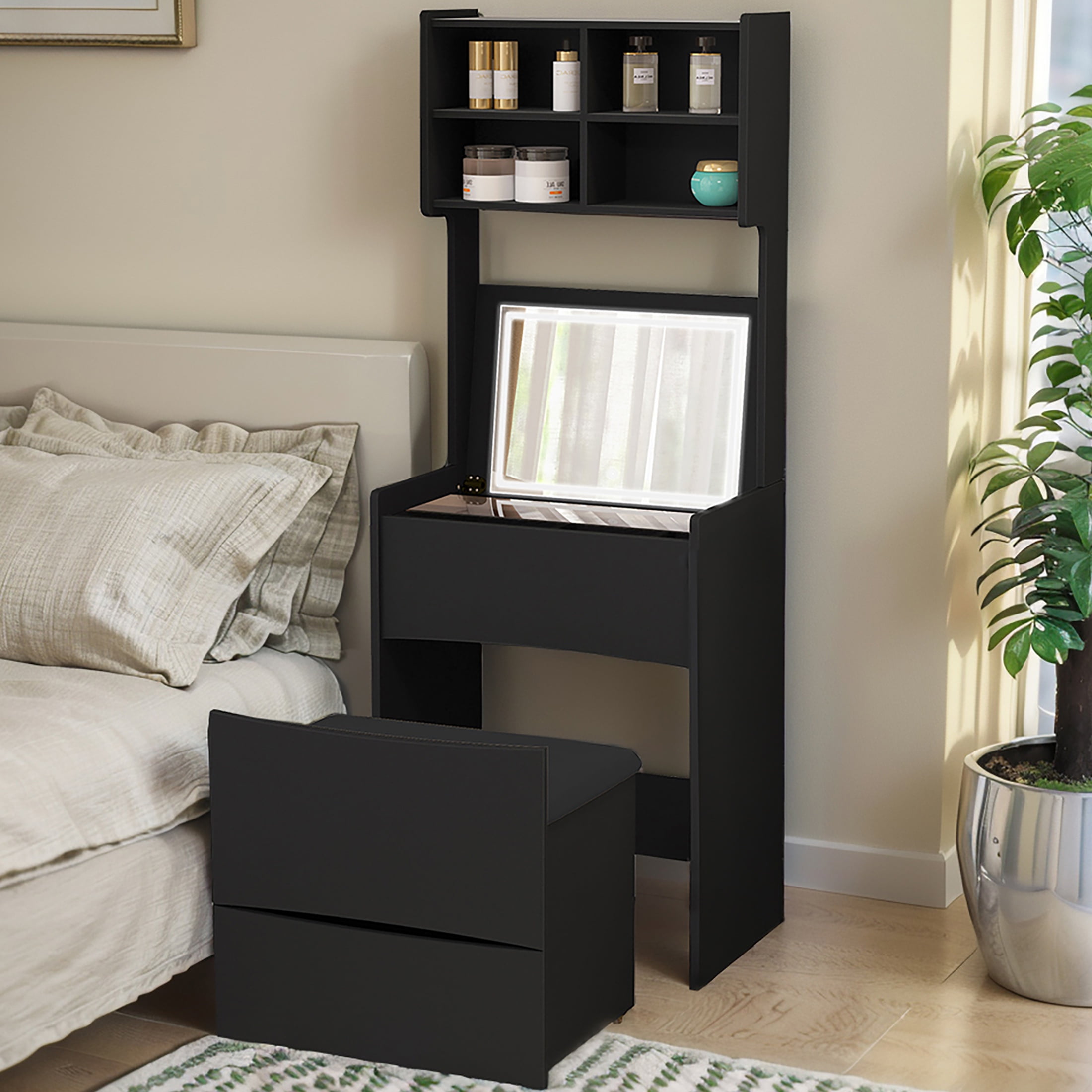 HSUNNS Small Vanity Desk with Mirror and Hidden Stool, Narrow Makeup ...