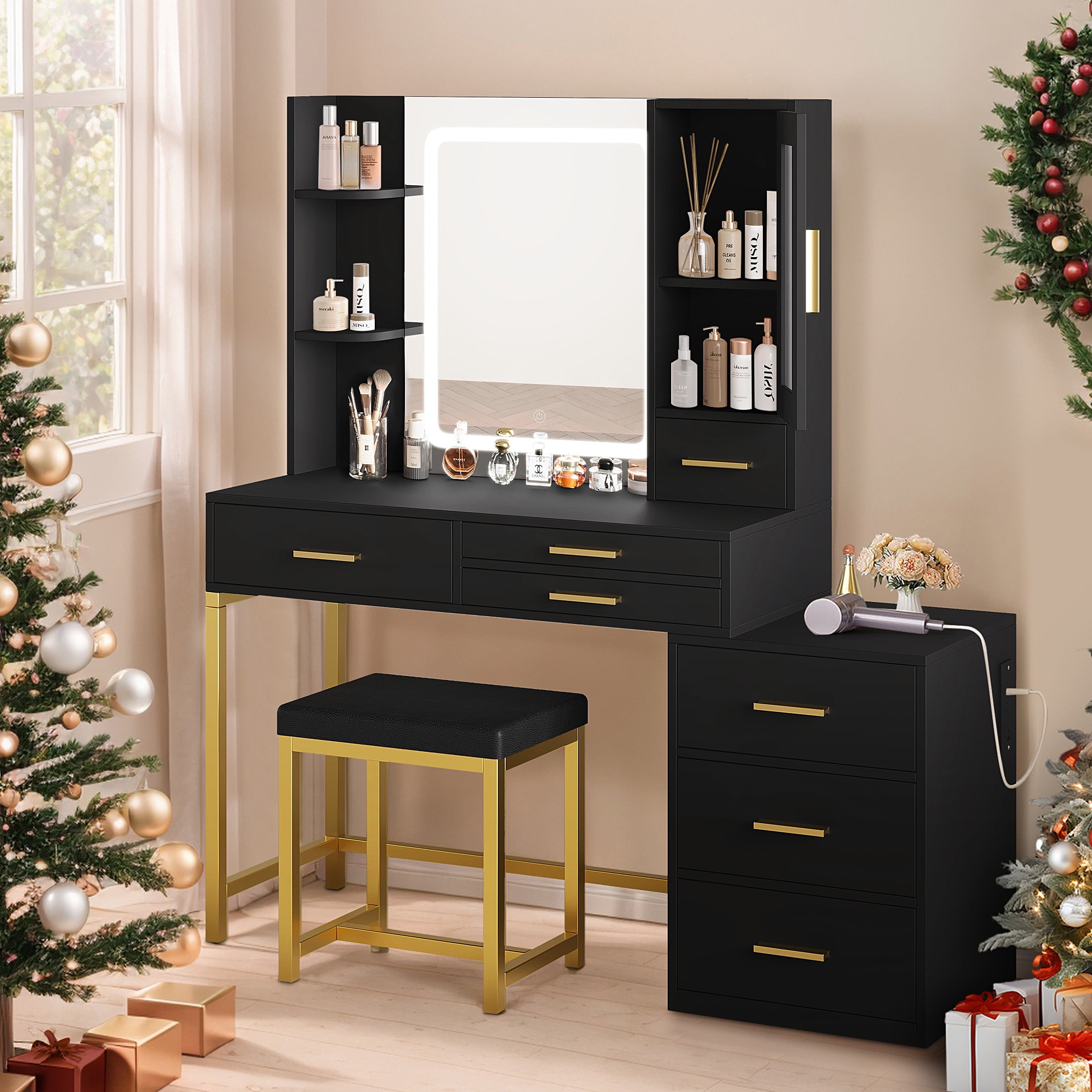 PAPROOS Black Vanity Set with Mirror and LED Light, Wood Makeup Vanity ...