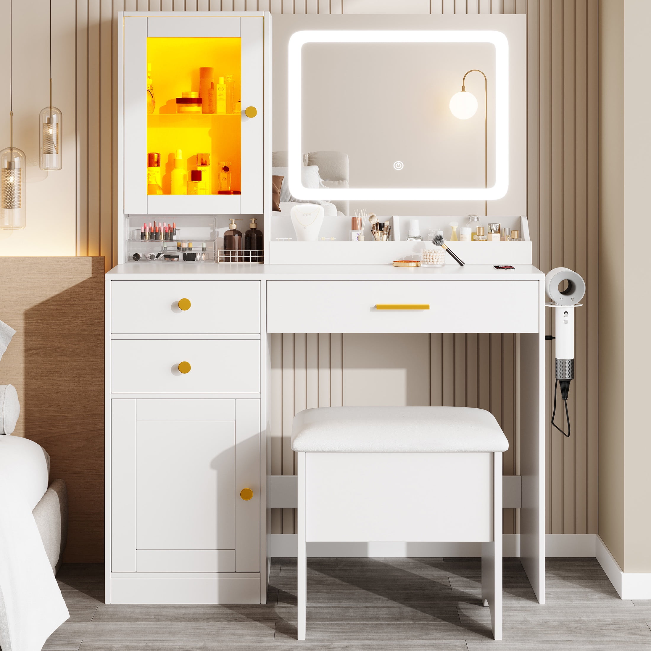 "Paproos Vanity Desk with Mirror, LED Light, Cabinet, 2 Drawers, Stool ...