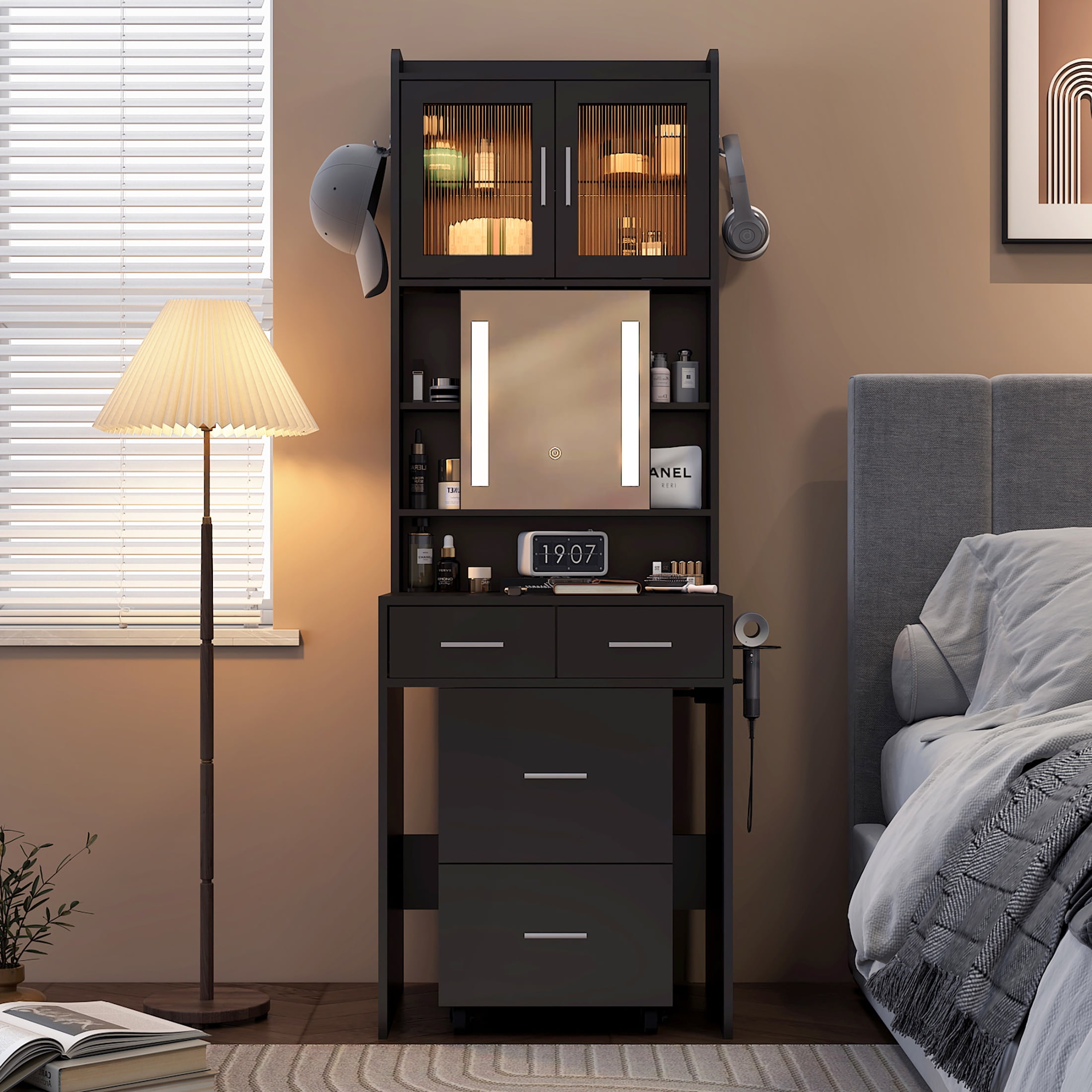 HSUNNS Small Vanity Desk with Sliding Mirror and LED Light, Modern ...