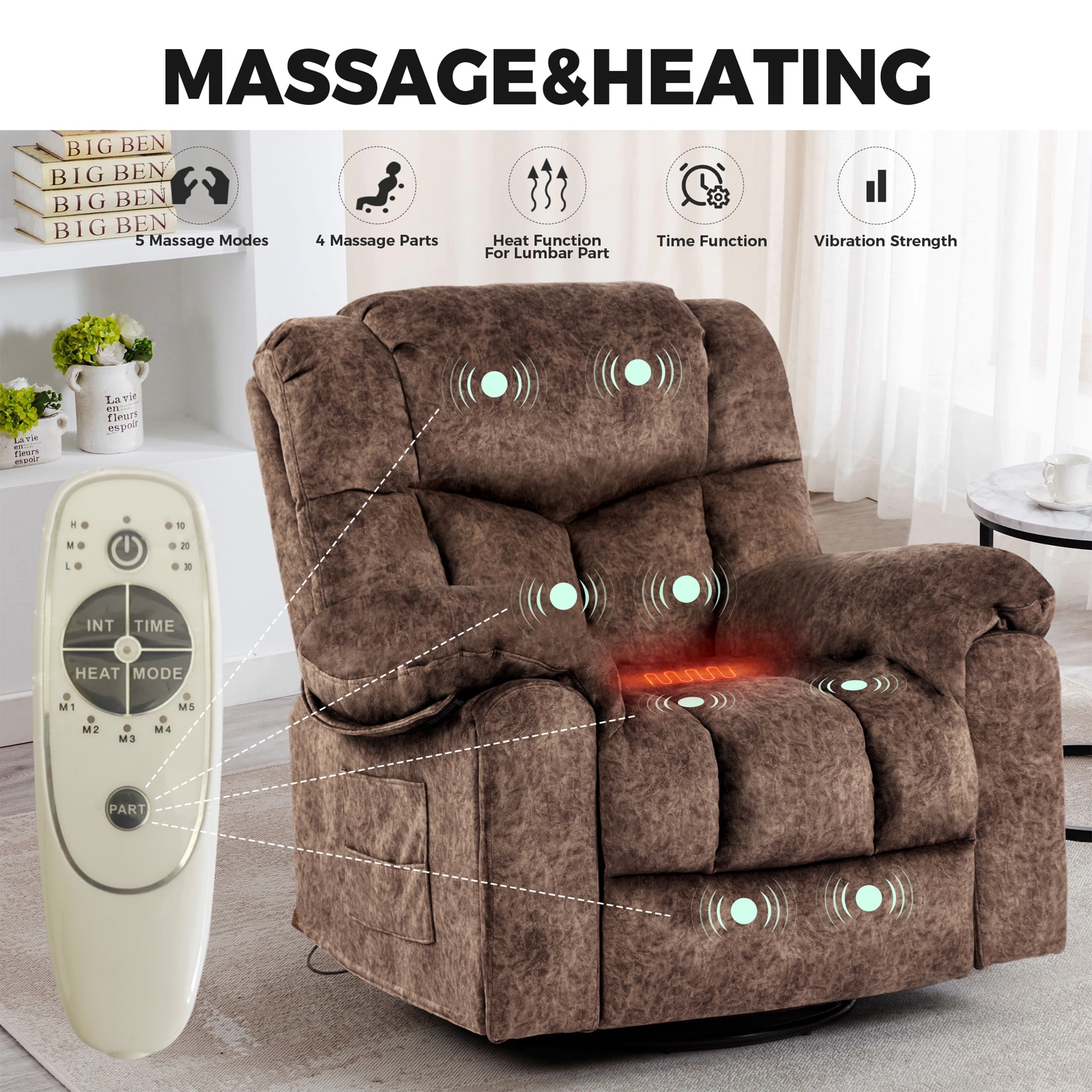 HSUNNS Swivel and Rocking Recliner Chair, Recliners with Massage and ...