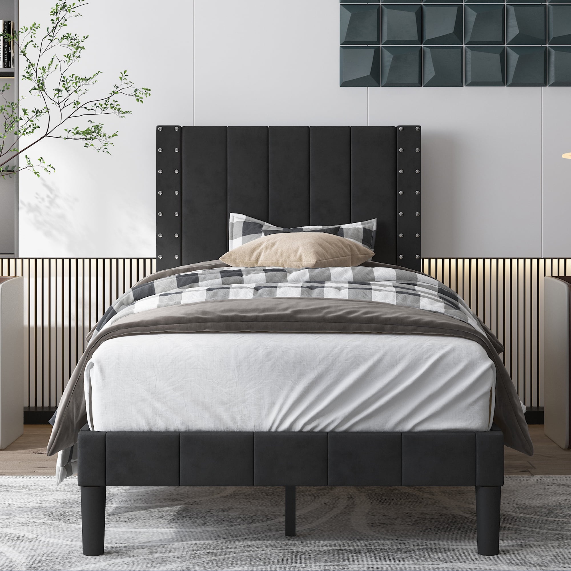 HSUNNS Twin Size Fabric Upholstered Bed Frame with Vertical Channel ...