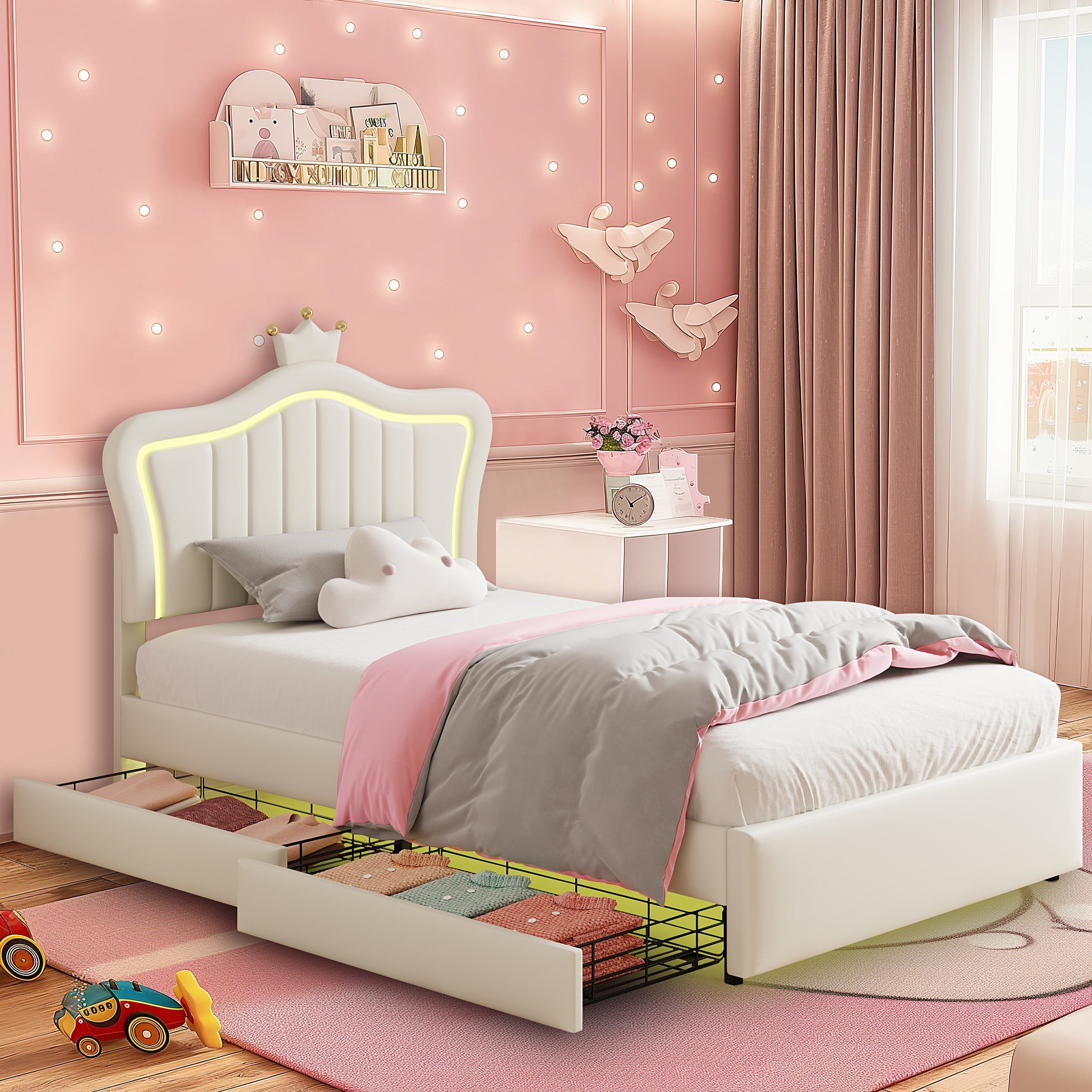 Twin Size Led Bed with Drawers, Upholstered Twin Bed Frame with ...