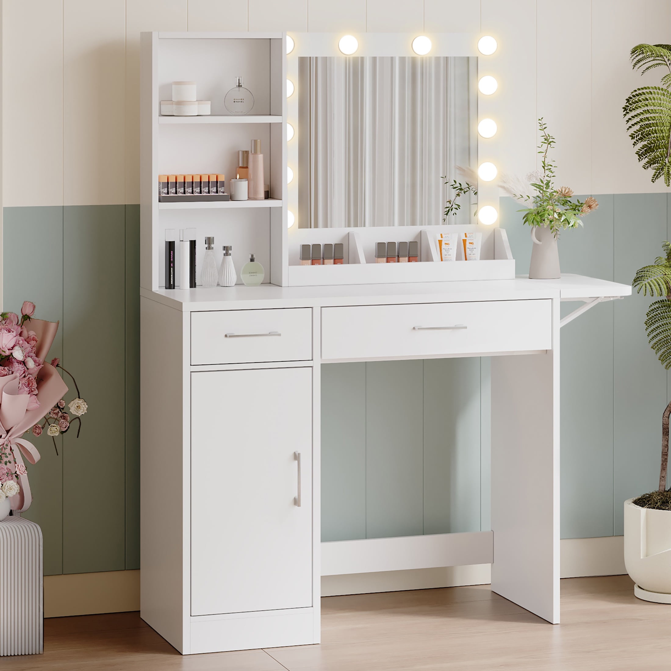 HSUNNS Vanity Desk with Mirror, 3 Color LED Lights, 3 Drawers, Storage ...