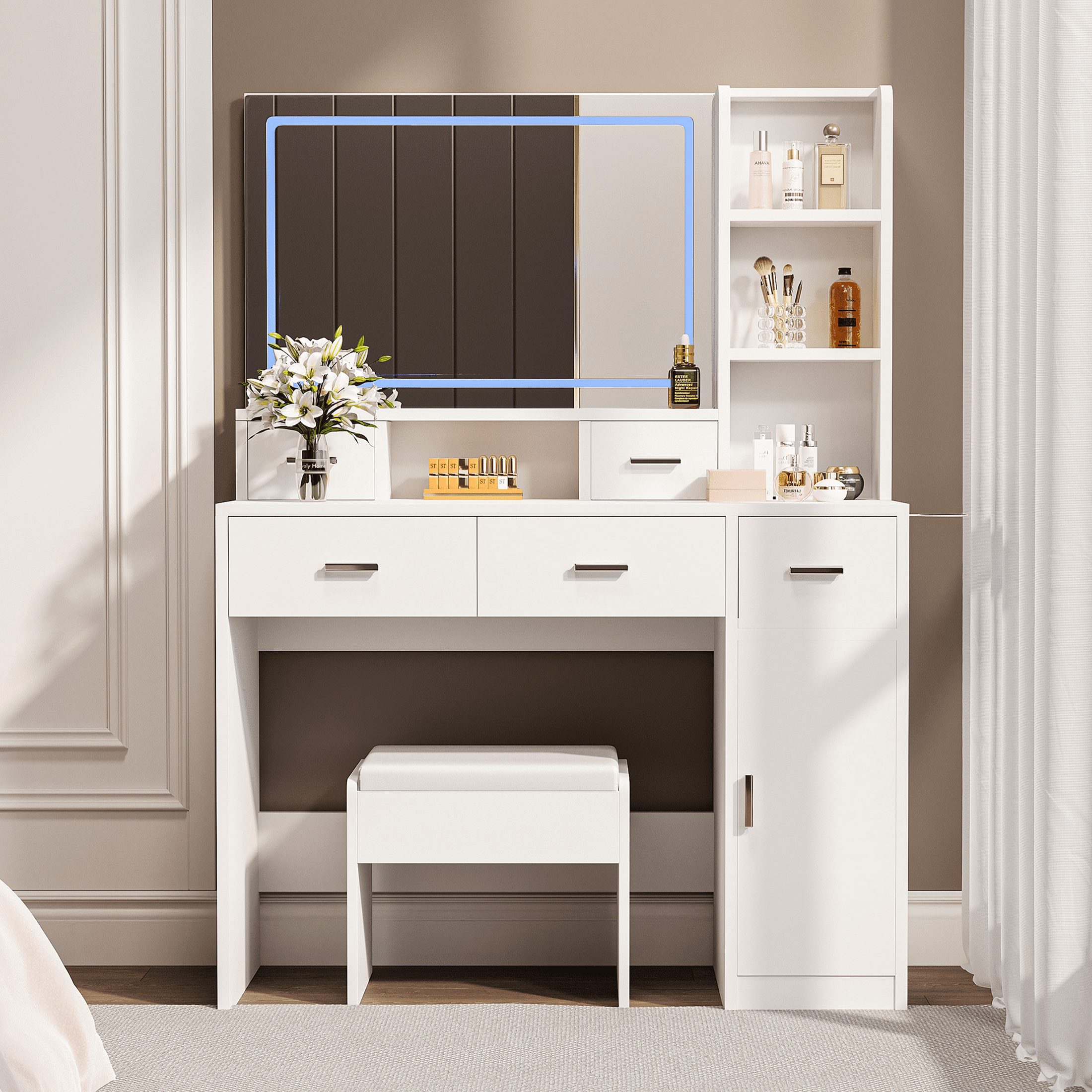 HSUNNS Vanity Desk with Mirror and LED Lights, Modern Makeup Vanity ...