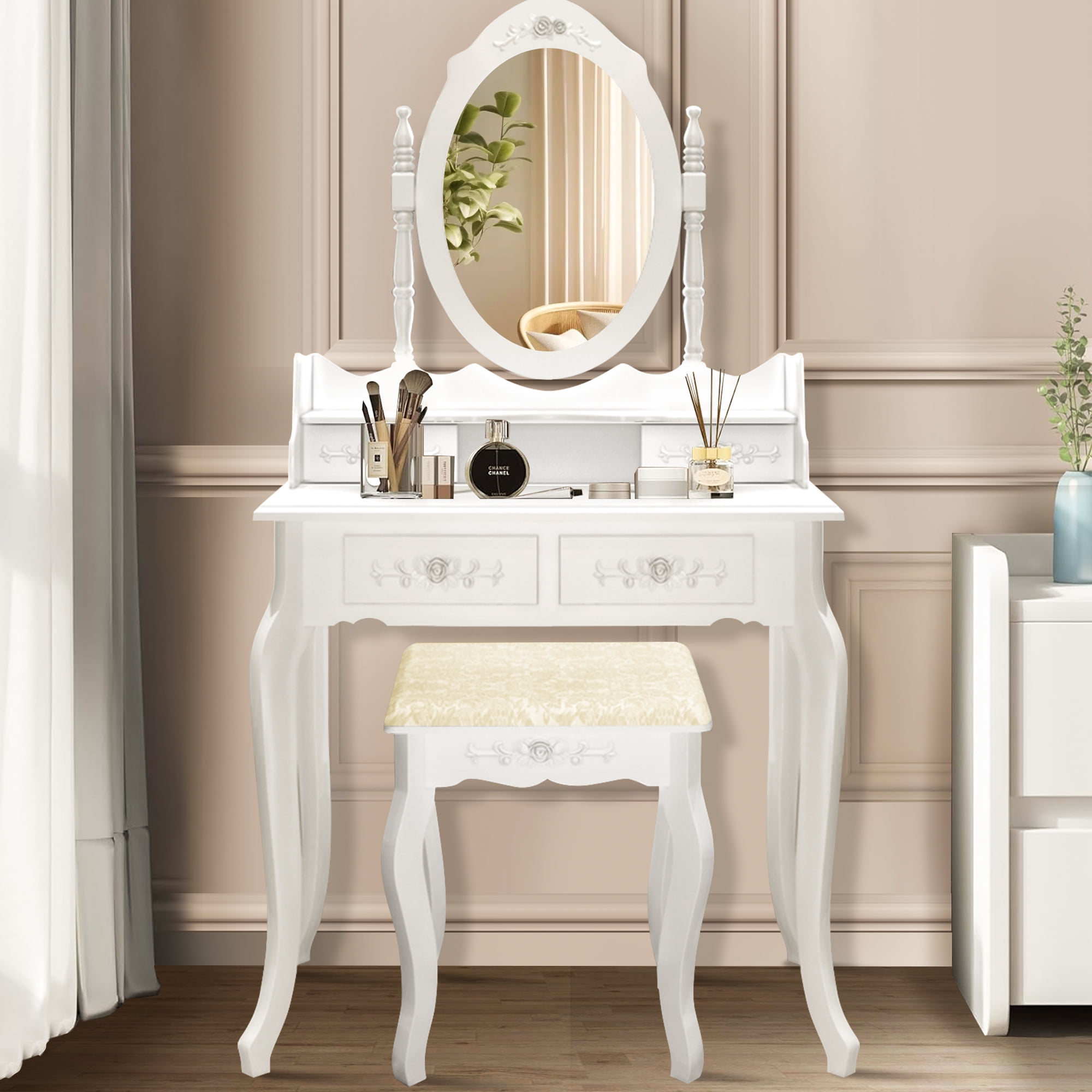 HSUNNS Vanity Set with Mirror, Modern 4 Drawers Makeup Dressing Desk ...