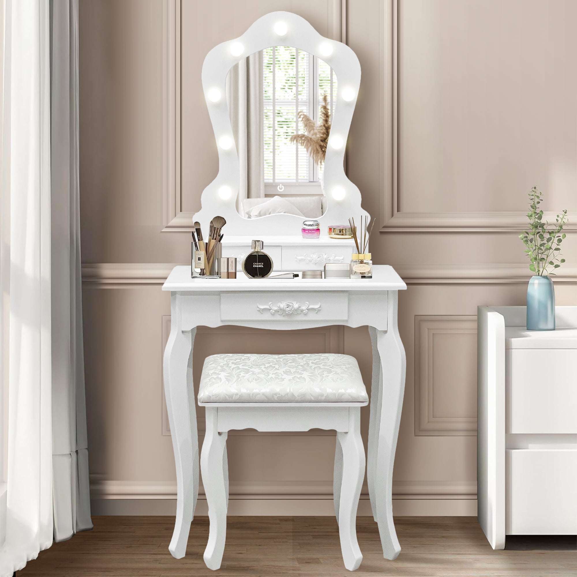 HSUNNS Modern White Vanity Table with Rotating Mirror, Drawer, and ...