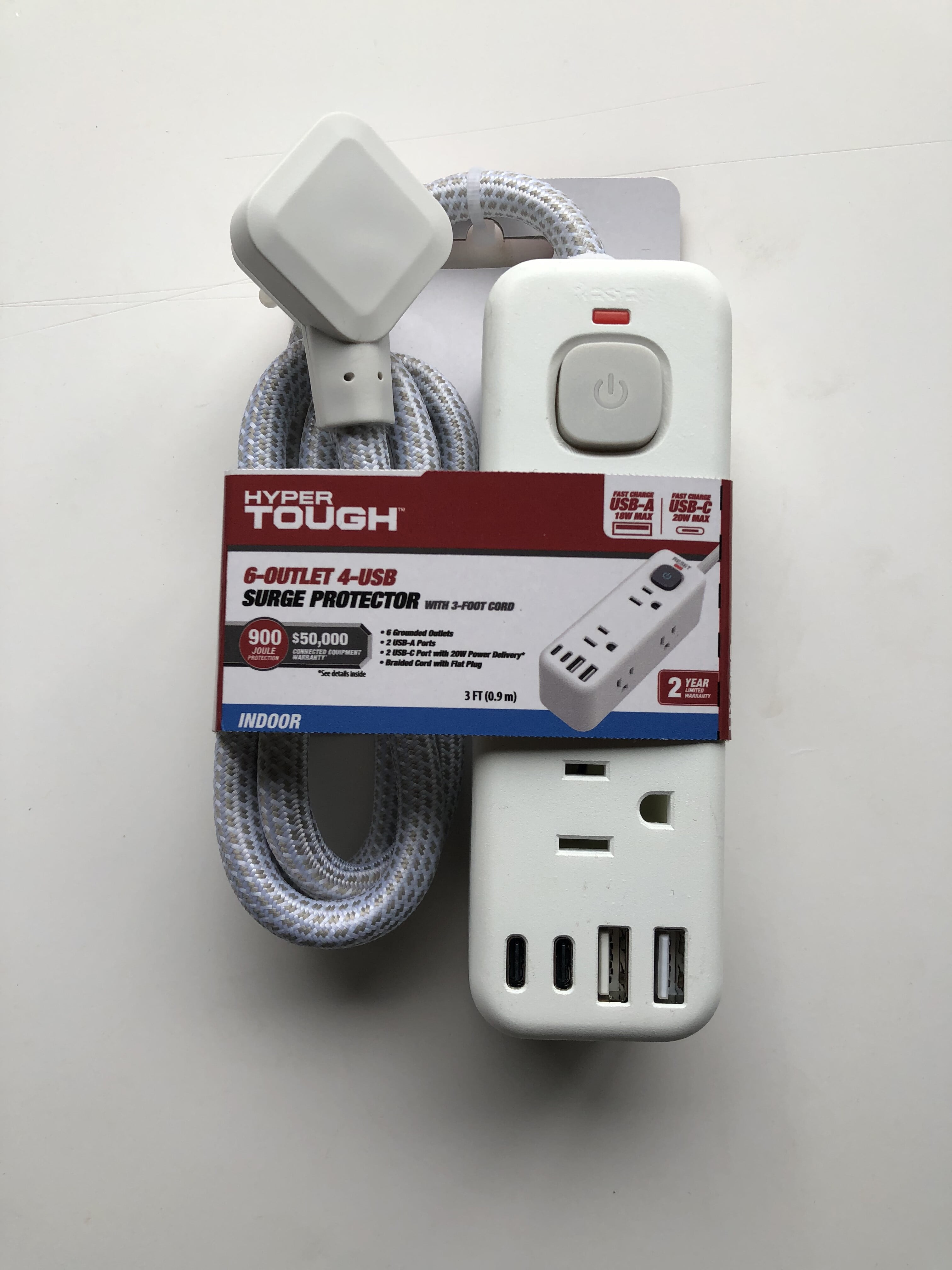 Hyper Tough USB Power Strip, 3ft Extension Cord, 6 Outlet, USB-A, USB-C ...
