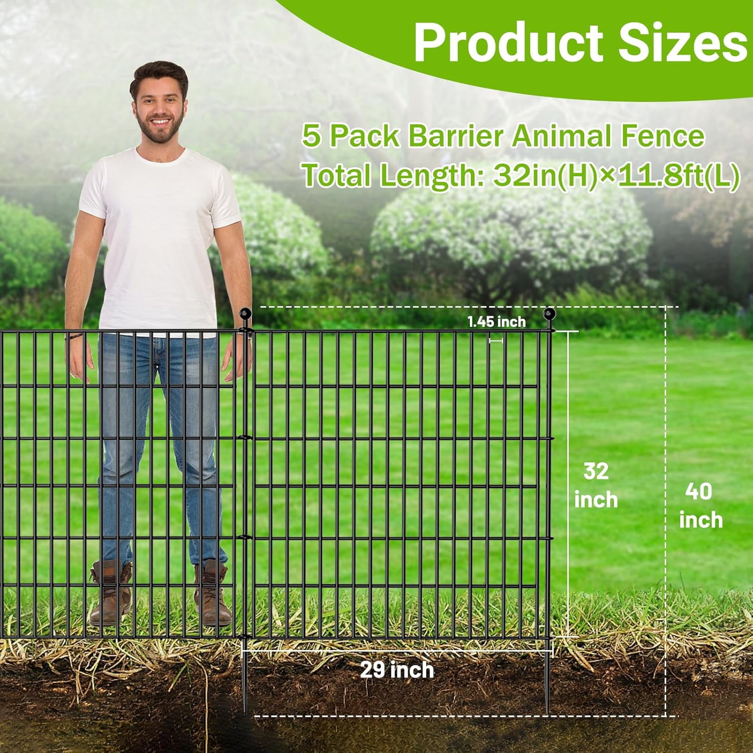 HT 5 Panels No Dig 32in x 11.8ft Rustproof Metal Garden Fence Animal ...