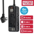Hyper Tough 6ft Extension Cord Power Strip with 6 Outlets, USB-A & USB ...