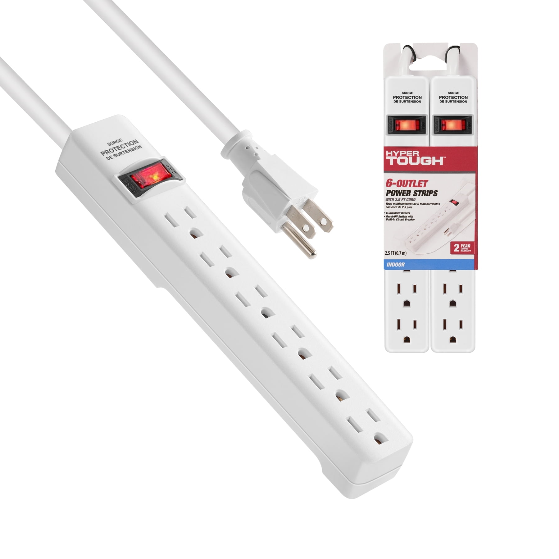 Hyper Tough Indoor Surge Protector 6-Outlet 2.5ft 500J Cord 15A 125V ...