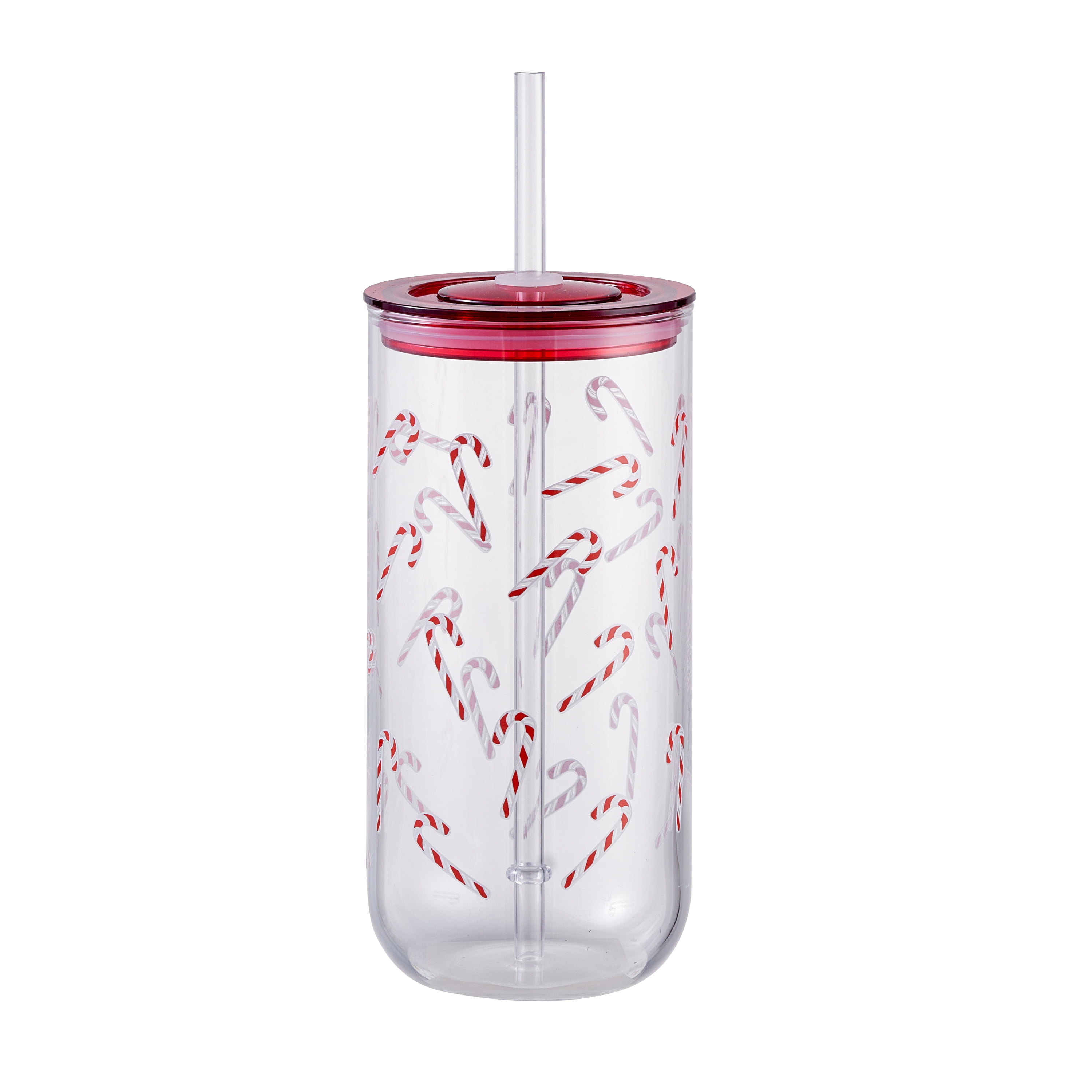 Candy Can Sipper Glass with Lid 20 OZ Holiday Time - Walmart.com