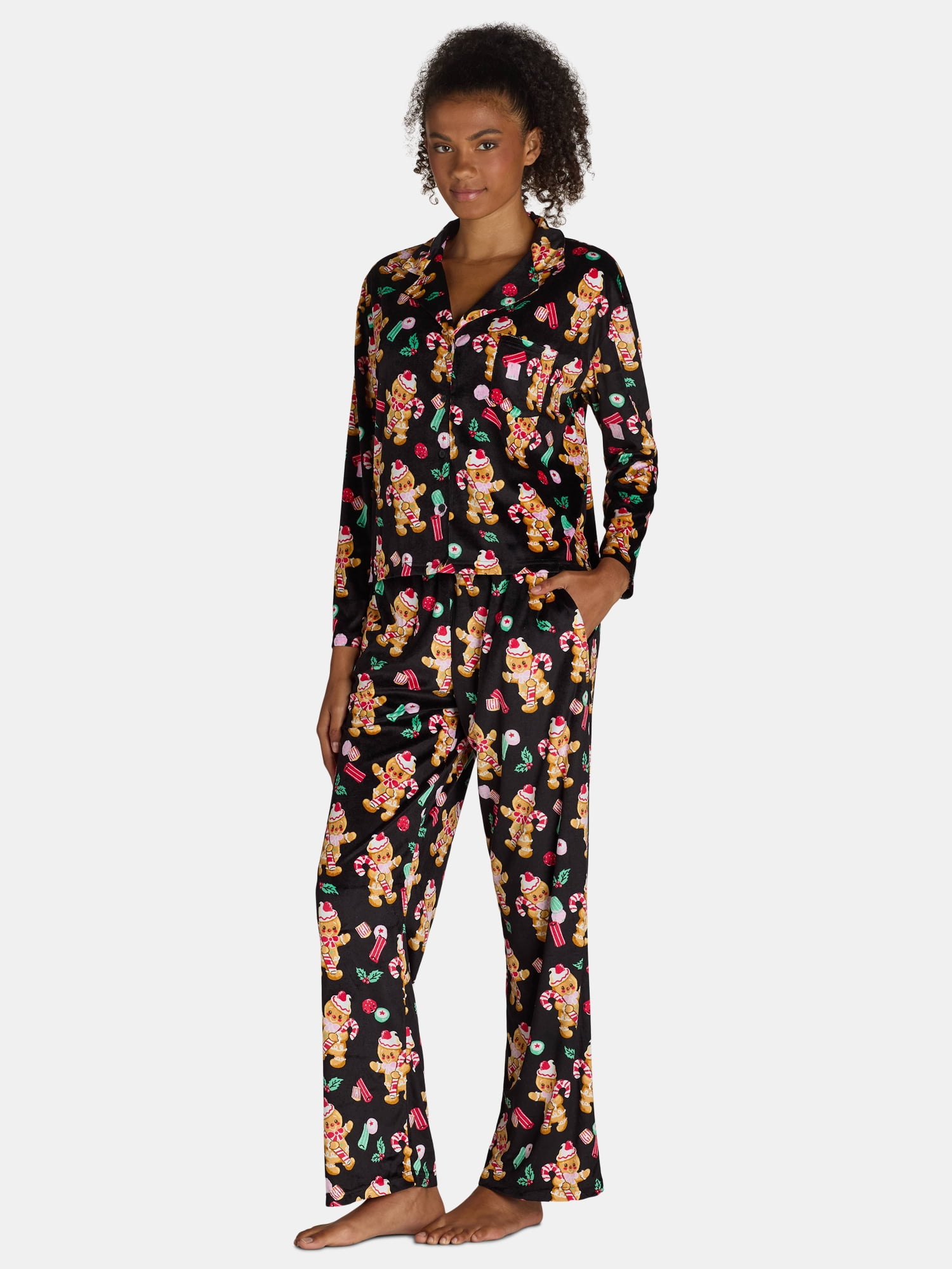 Holiday Time Women’s and Women’s Plus Velour Notch Collar Pajama Top and Pants Set, 2-Piece ...