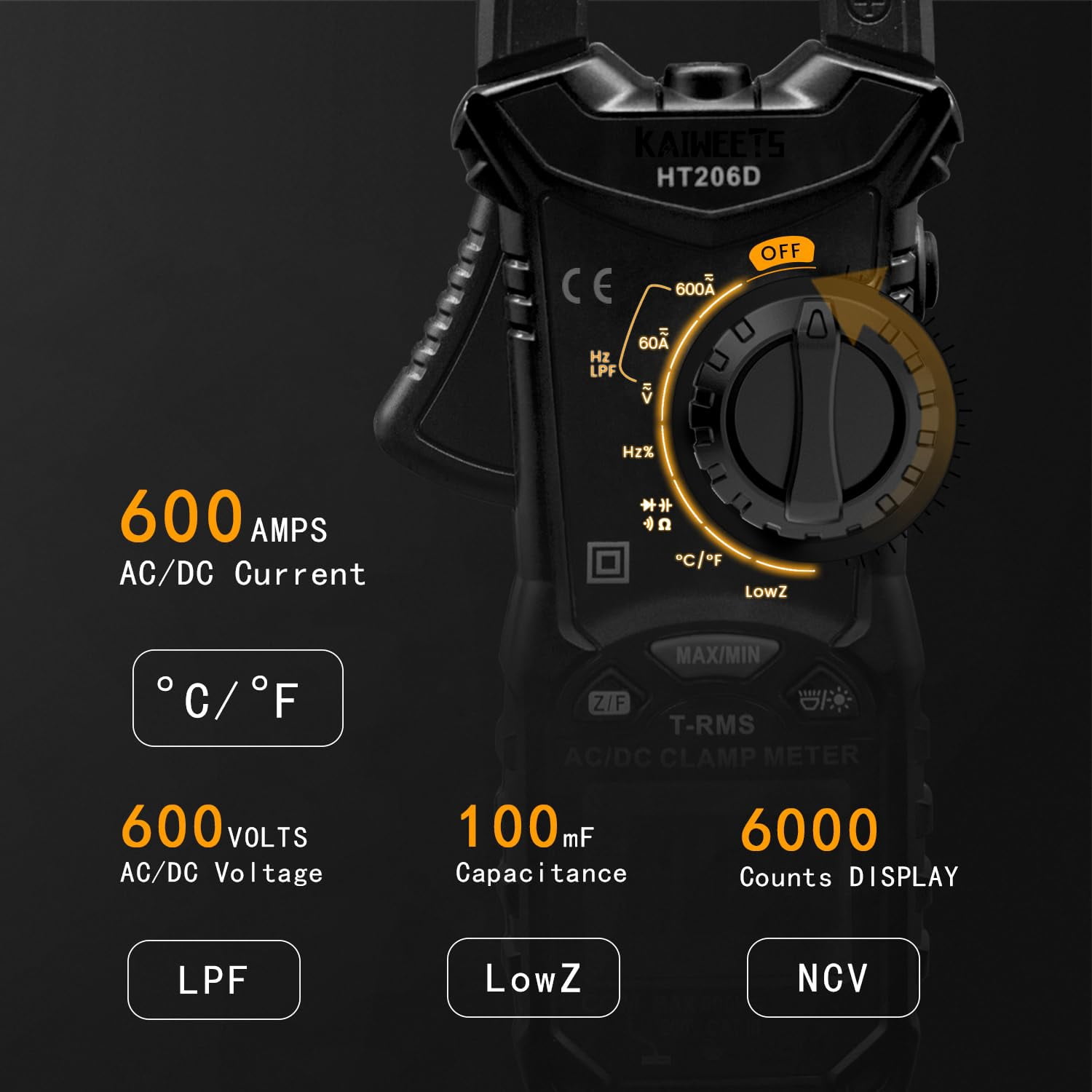 HT206D Digital Clamp Meter T- 6000 Counts with Silicone Multimeter Test ...