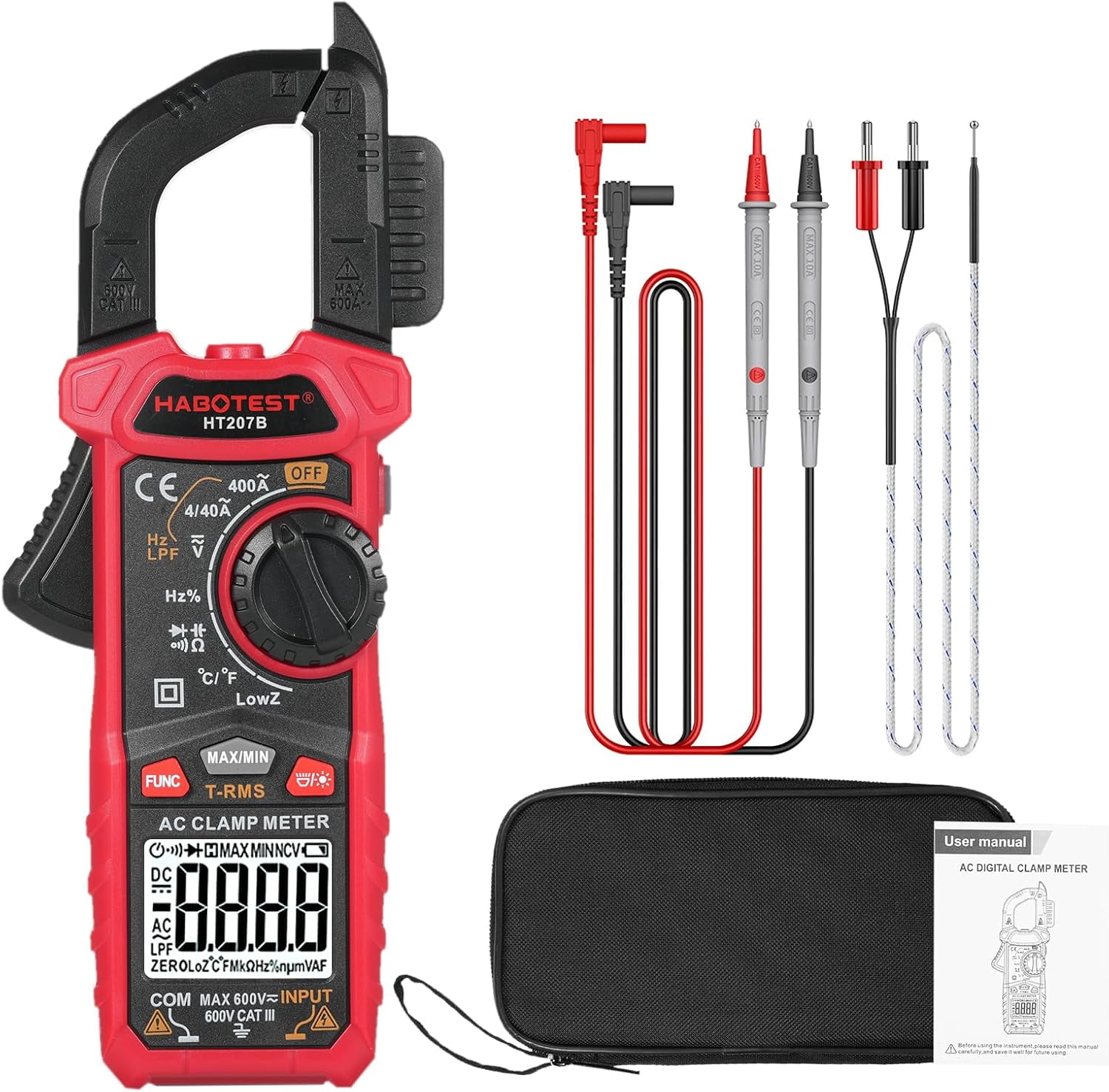 HT207B Digital Clamp Meter 4000 Counts Handheld Multimeter AC DC ...