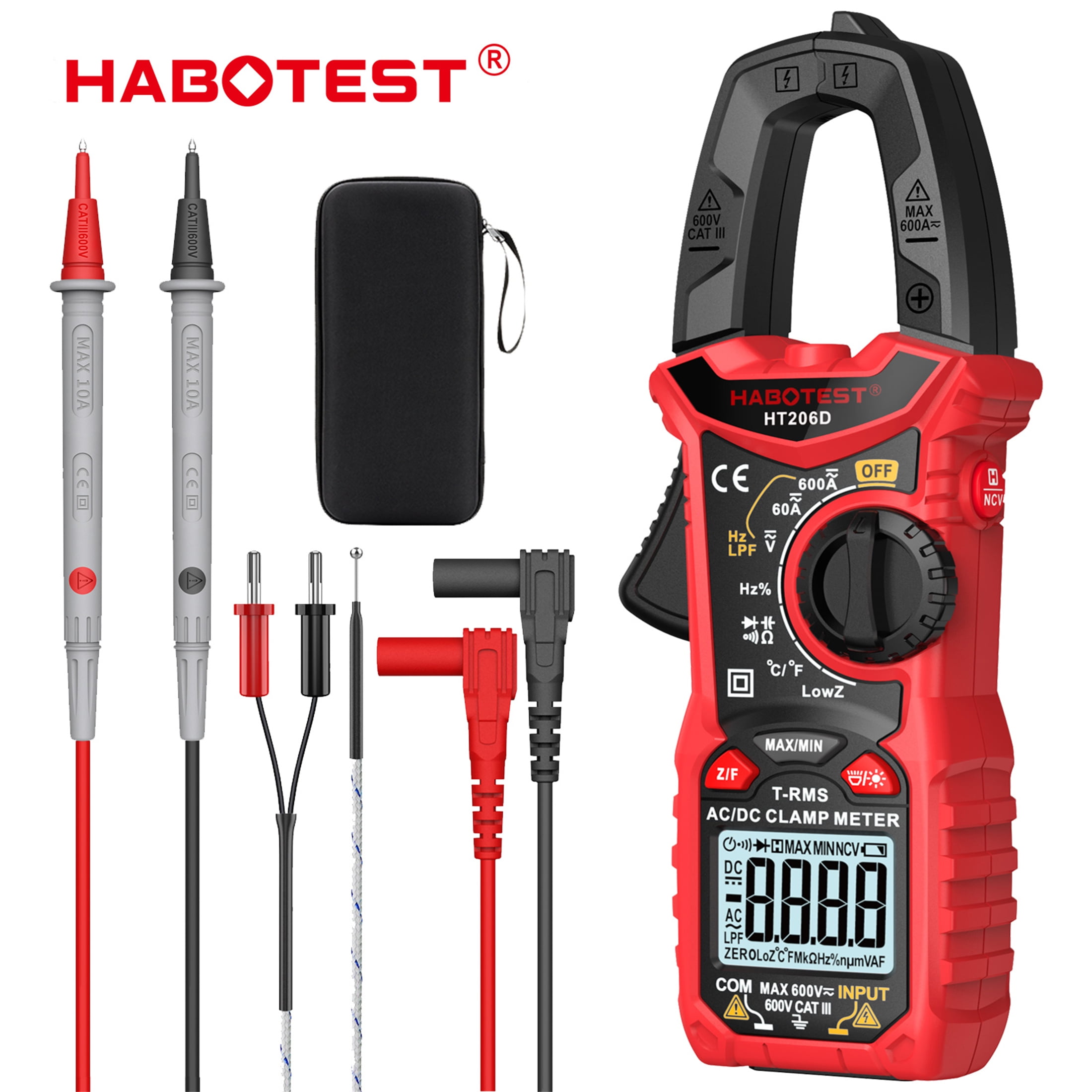 HTABOTEST HT206D Digital Clamp Meter T-RMS 6000 Counts, Multimeter ...
