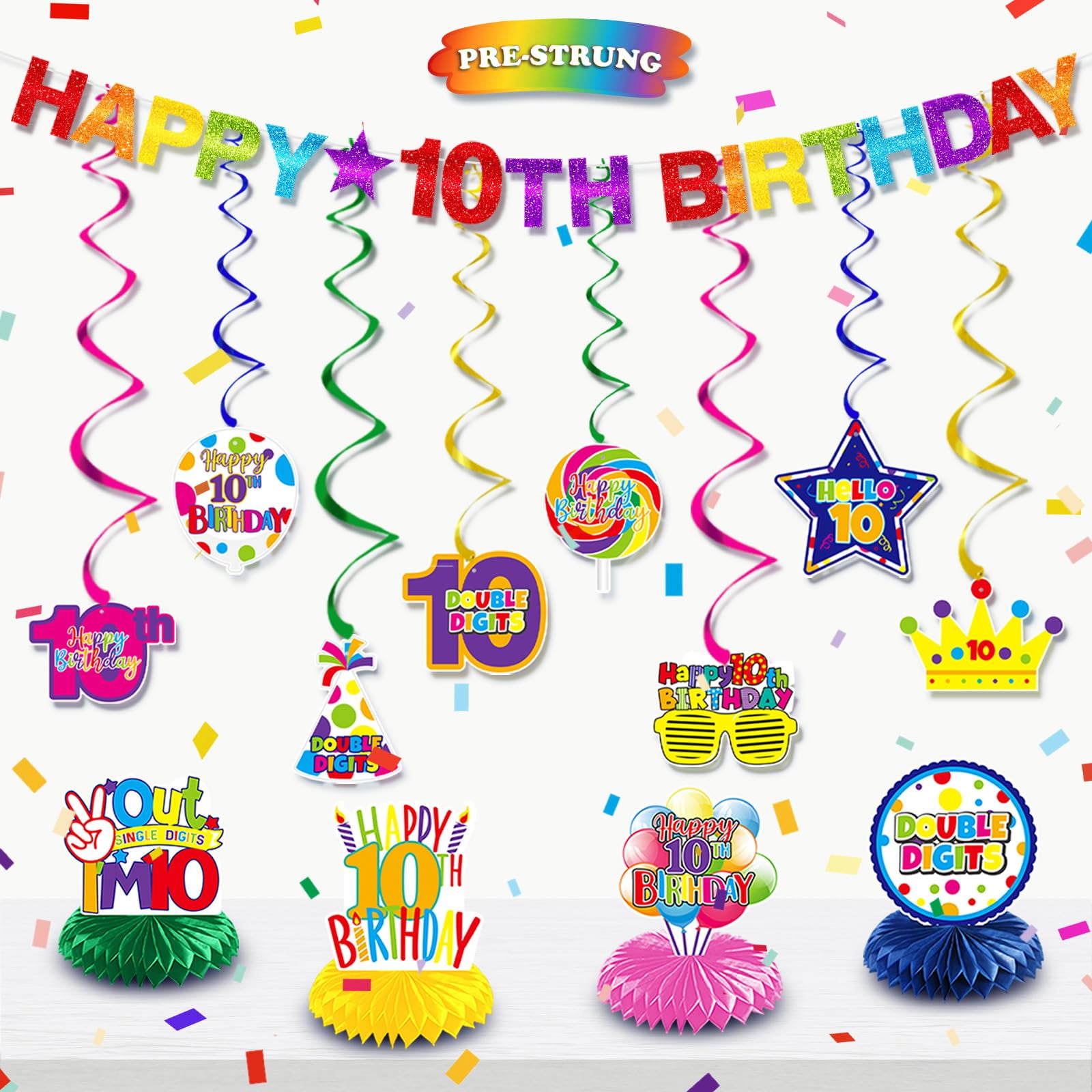 Happy 10th Birthday Banner 36Pcs 10th Birthday Hanging Swirls ...