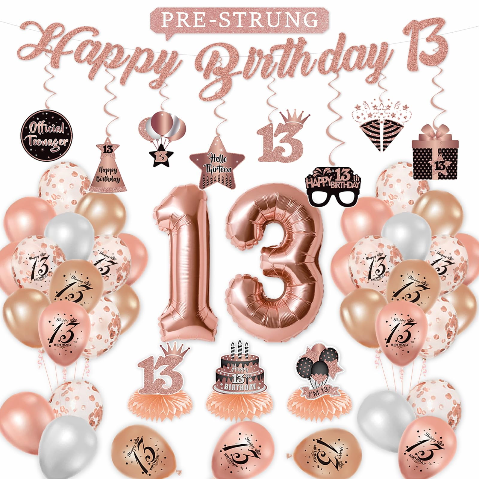 HTDZZI 62Pcs 13th Birthday Decorations for Girls Rose Happy 13th ...