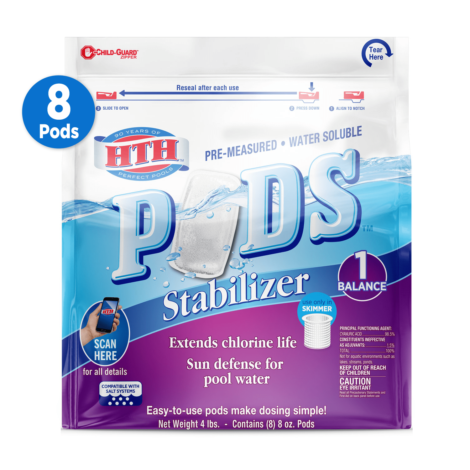 HTH Stabilizer Pre-measured Water Soluble Pods for Pools, 4 lb, 8 ct ...