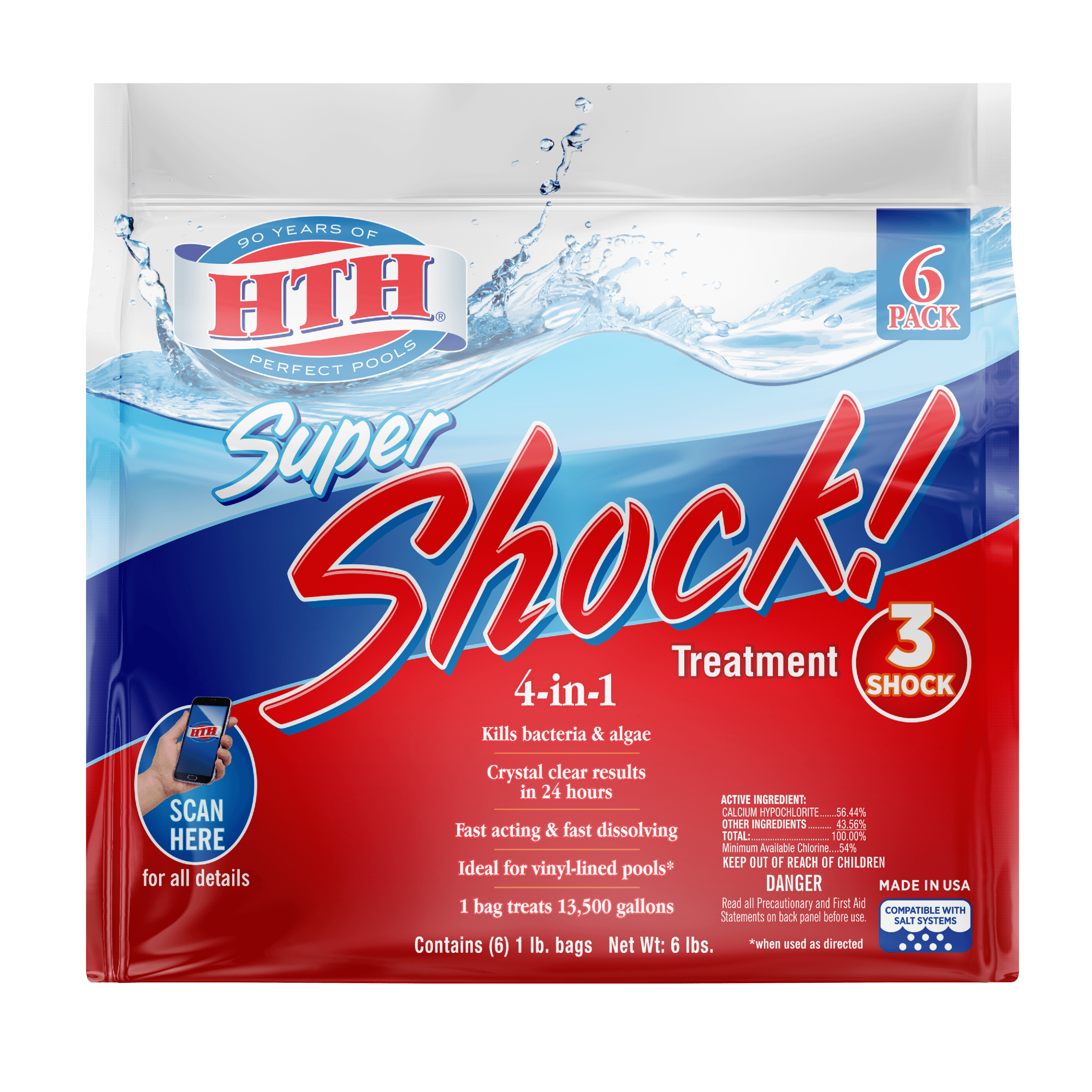 HTH Super Shock Pool Shock Oxidizer Treatment, 1 lb Bags, Granules, 6 ...